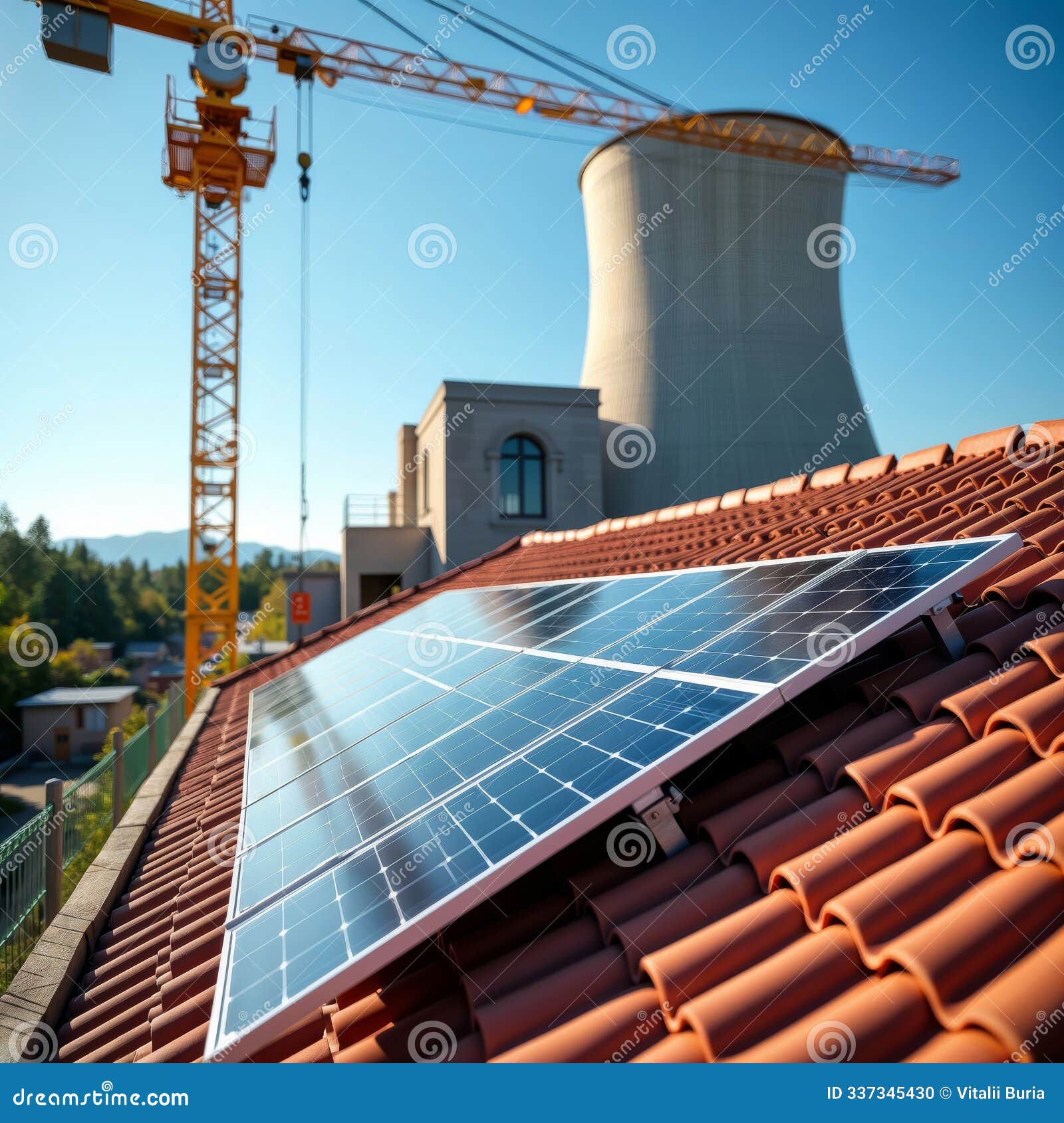 Rooftop Solar Panels with Nuclear Plant in the Distant Background ...