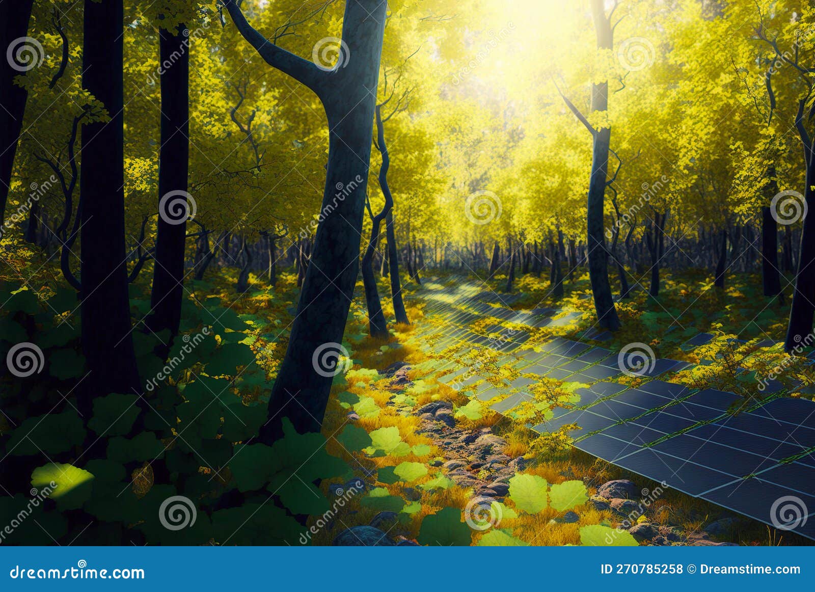 Solar Panels Row in a Forest. Futuristic Solar Energy Generation ...