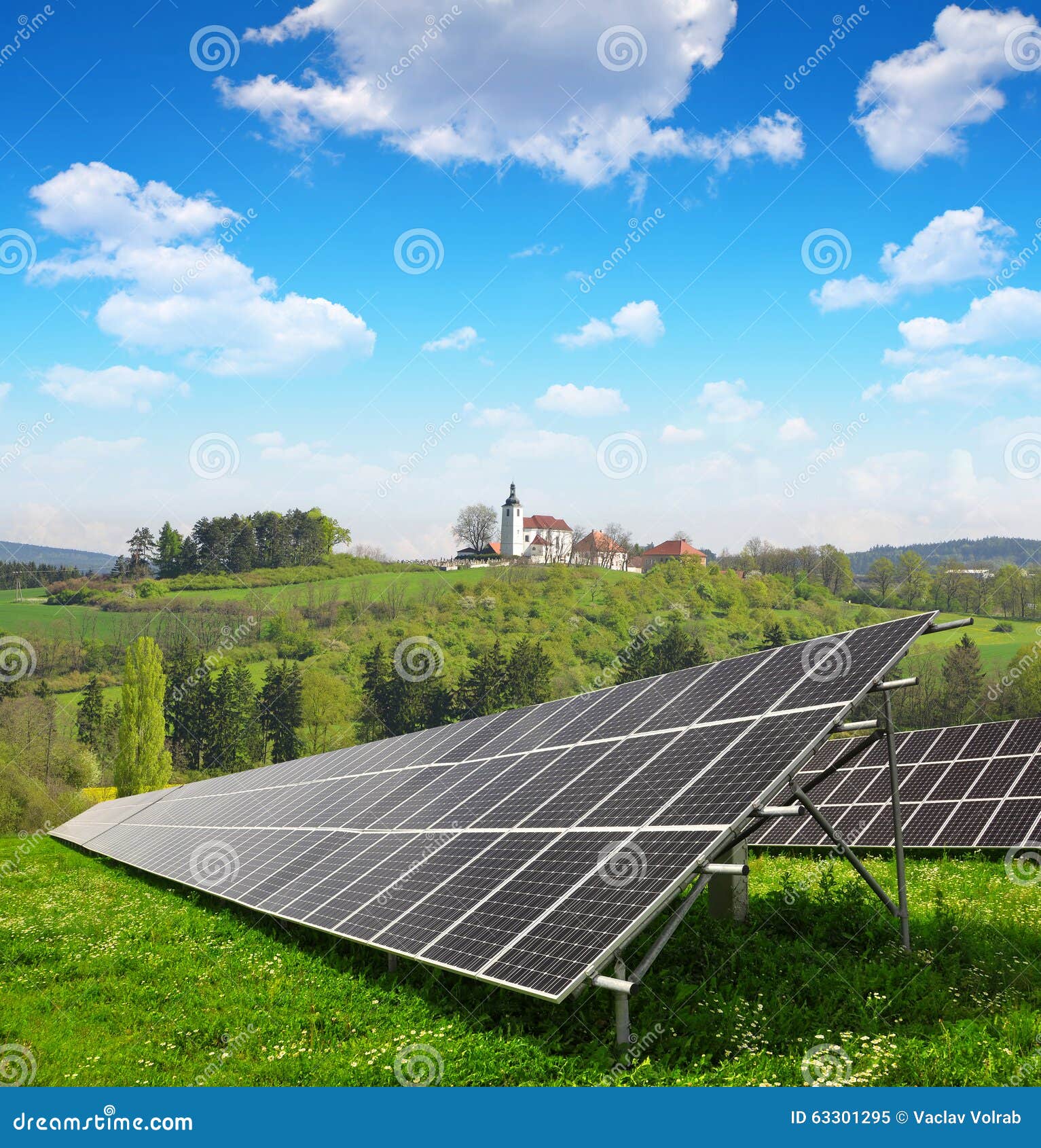 Solar Panels in Spring Landscape. Stock Image - Image of high ...