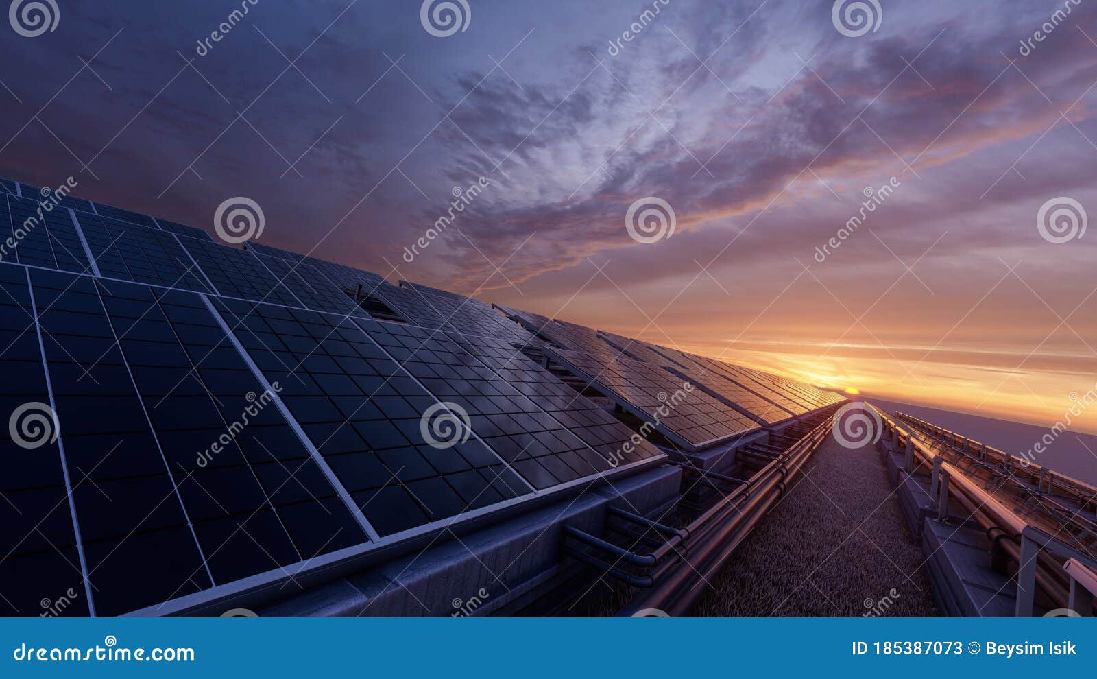 Solar Panels with the Sun Beyond the Horizon Stock Illustration ...