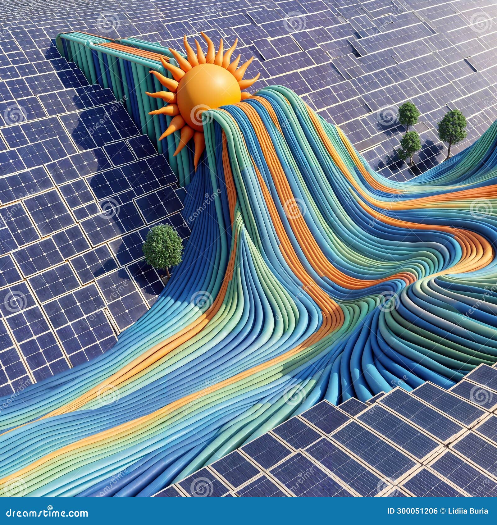 Solar Panels and Sun in the Shape of a Wave. 3D Rendering, Generative ...