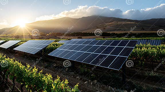 Solar Panels in a Vineyard at Sunset Stock Image - Image of rural ...