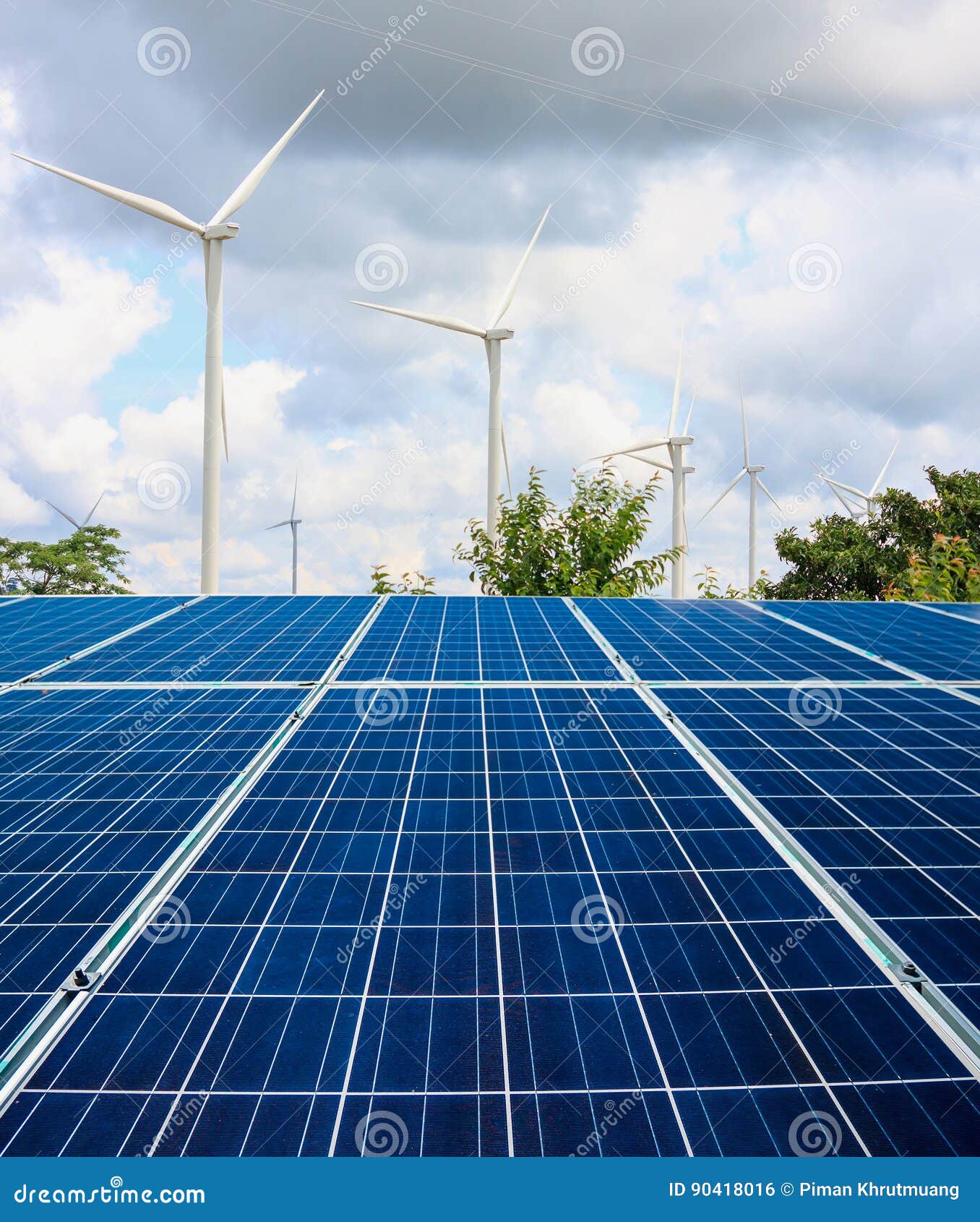 Solar Panels and Wind Turbines with the Clouds and Sky Stock Photo ...
