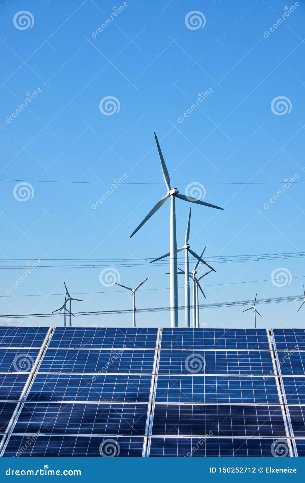 Solar Panels, Wind Turbines and Power Lines Stock Photo - Image of high ...