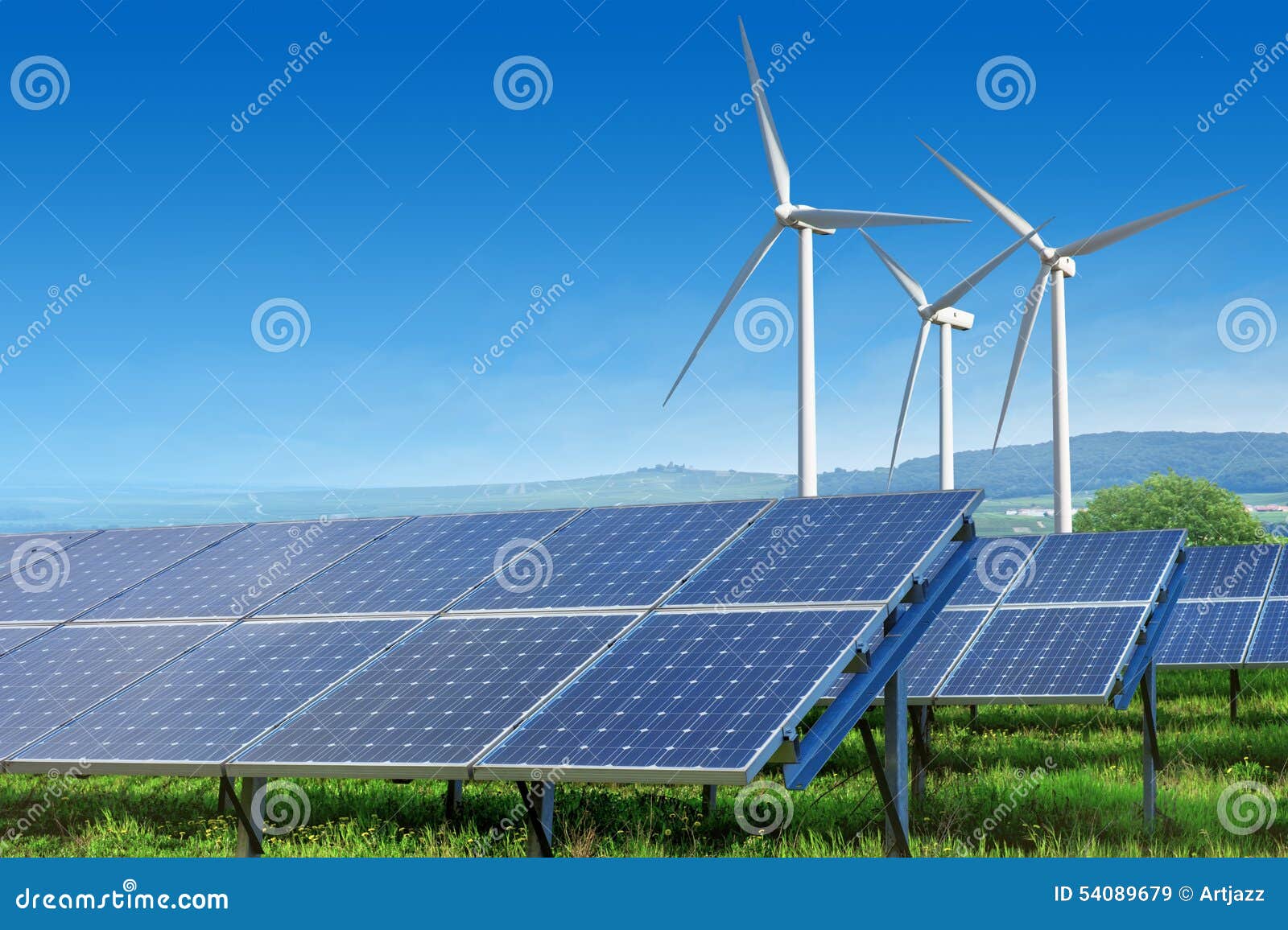 Solar Panels and Wind Turbines Under Blue Sky Stock Image - Image of ...