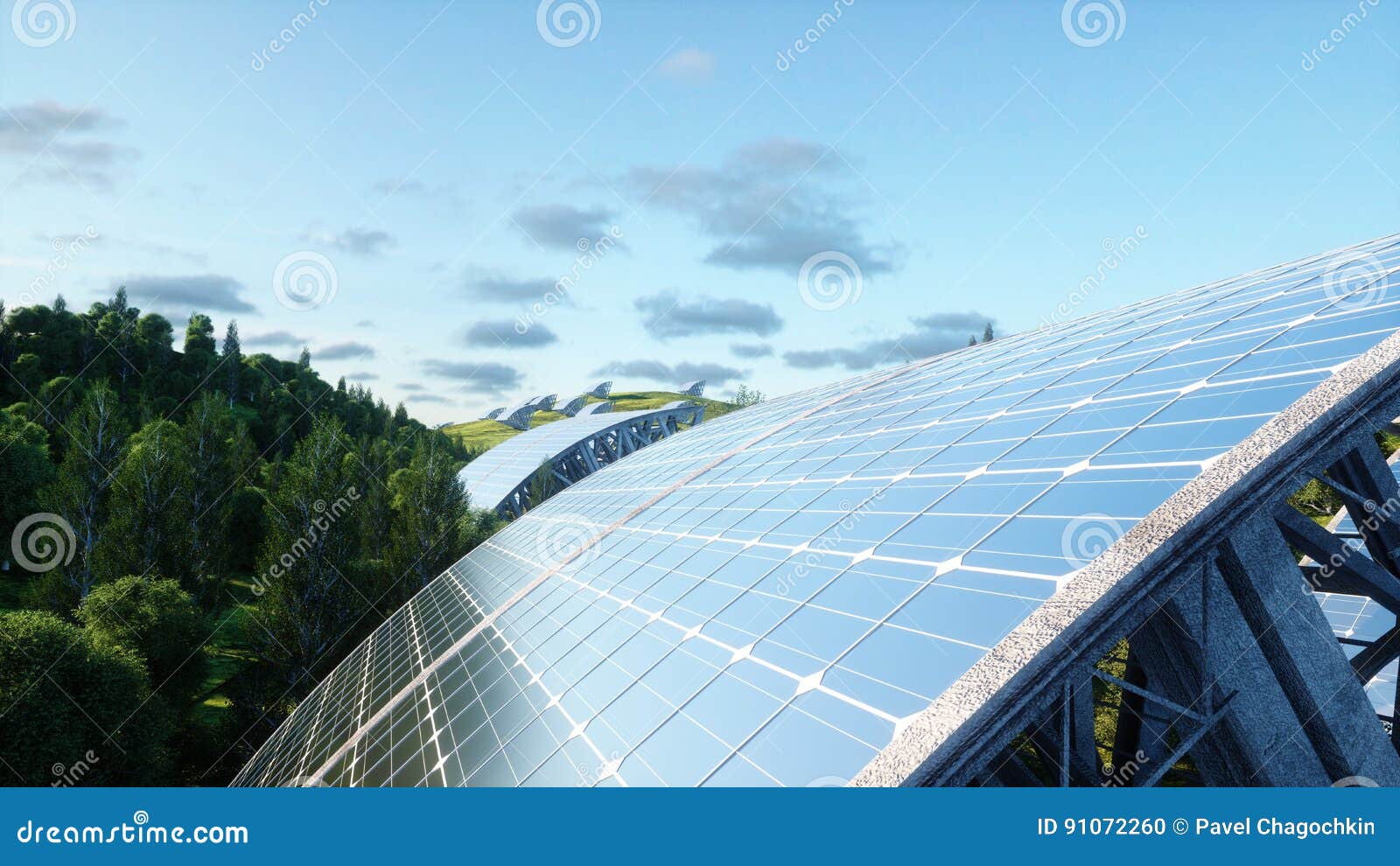 Solar Panels in Wonderfull Landscape. Future. 3d Rendering. Stock ...