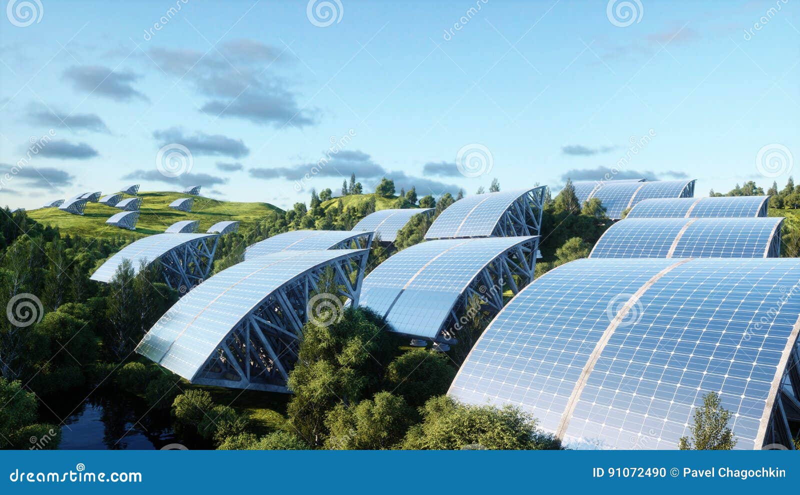 Solar Panels in Wonderfull Landscape. Future. 3d Rendering. Stock ...