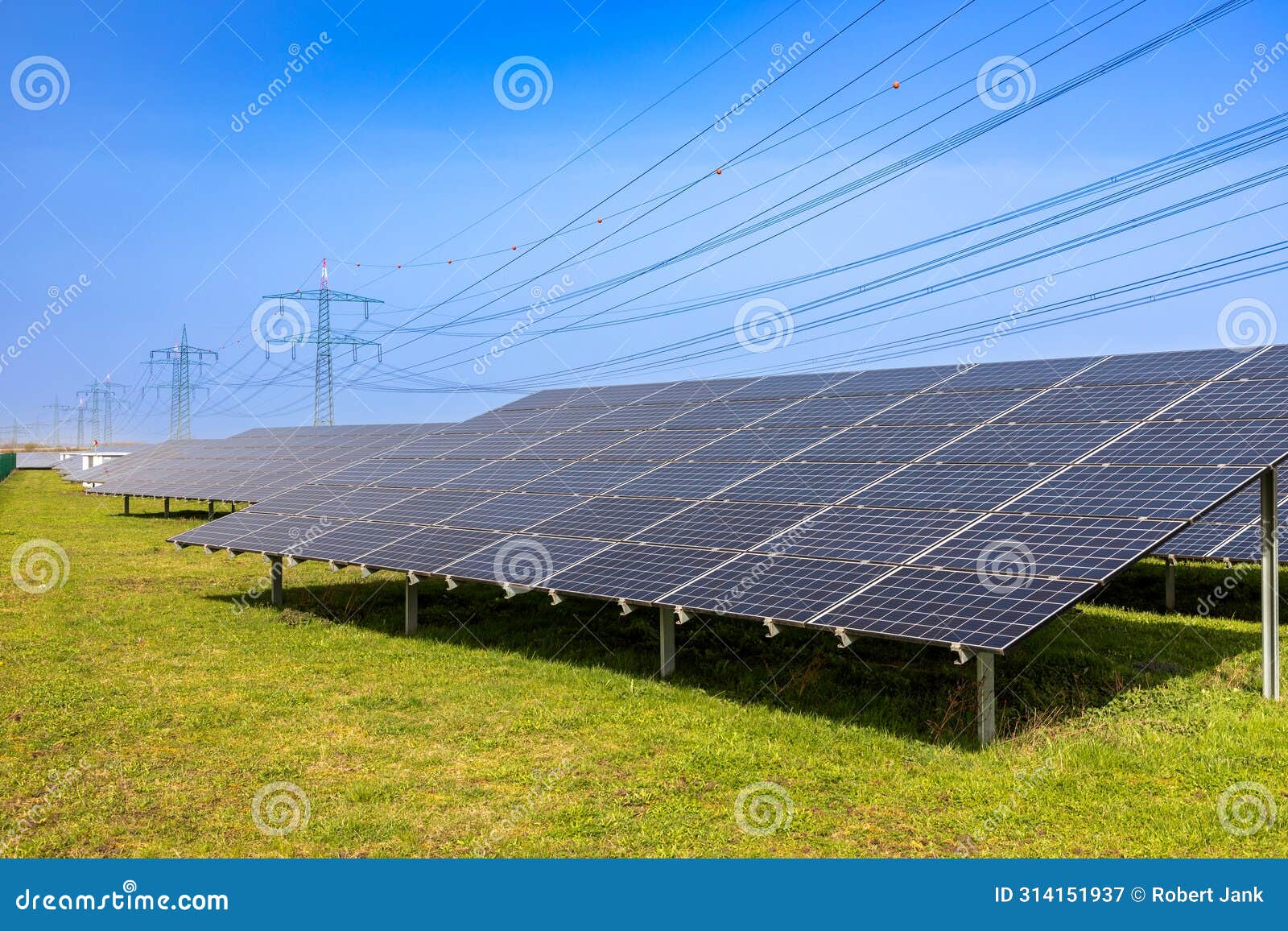 Solar park with pylon stock image. Image of electricity - 314151937