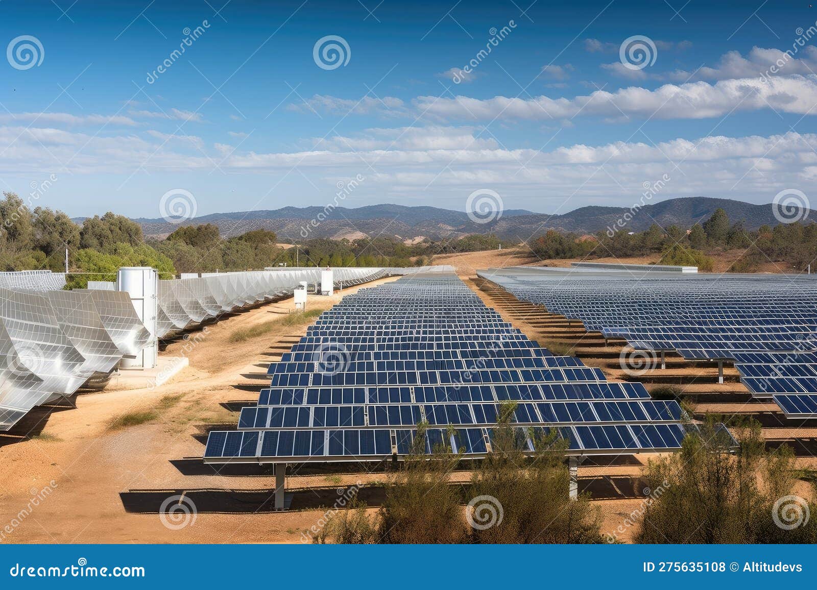 Solar Power Plant, with Panels and Cooling Systems Visible Stock Photo ...