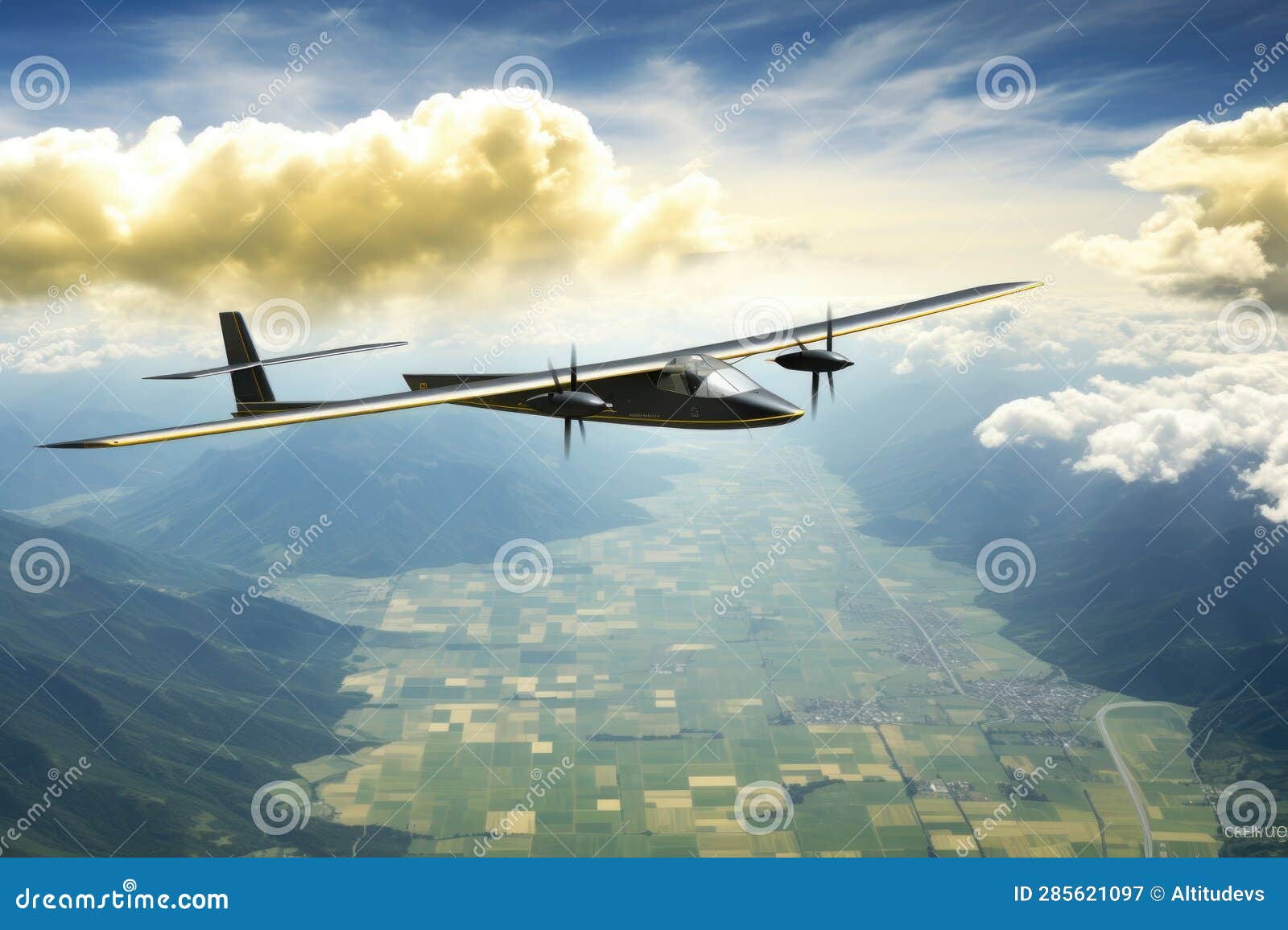 Solar-powered Airplane Flying Over a Field of Solar Panels Stock Image ...