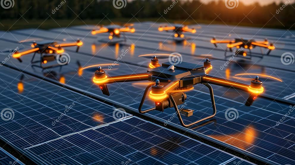 Solar Powered Drones Flying Over Solar Panels at Sunset, Showcasing ...