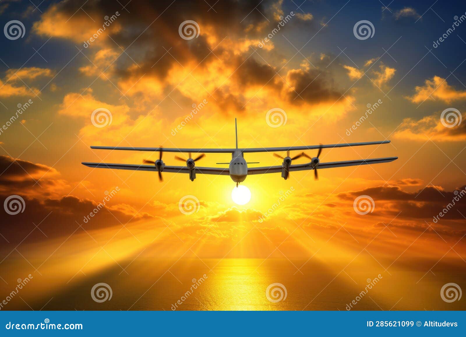 Solar-powered Plane Taking Off with Sun in Background Stock Image ...