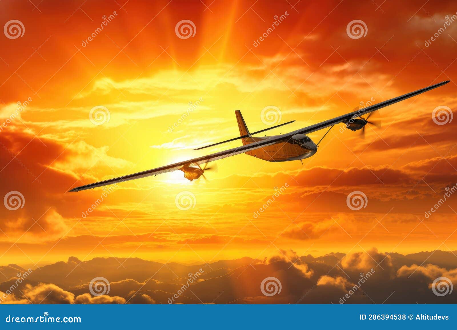 Solar-powered Plane Taking Off with Sun in Background Stock Photo ...