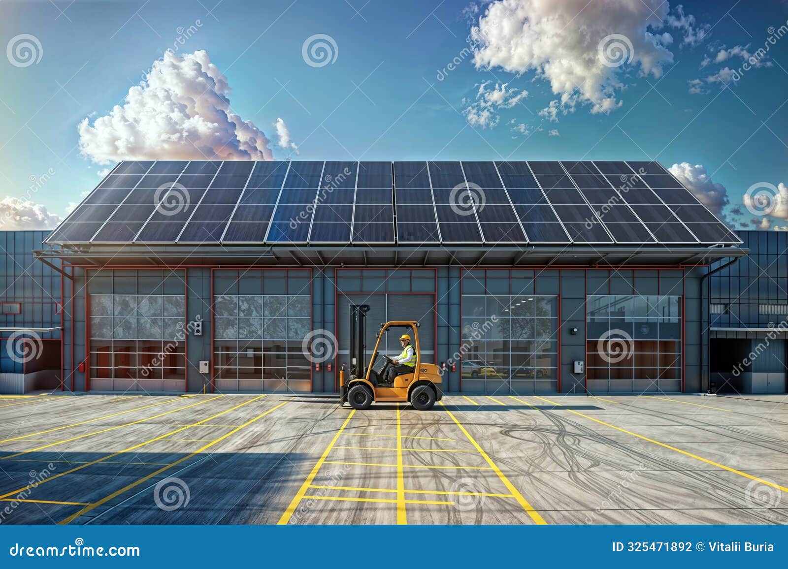 Solar Warehouse: Forklift in Front of Solar-Powered Facility, Generative Ai Stock Illustration ...