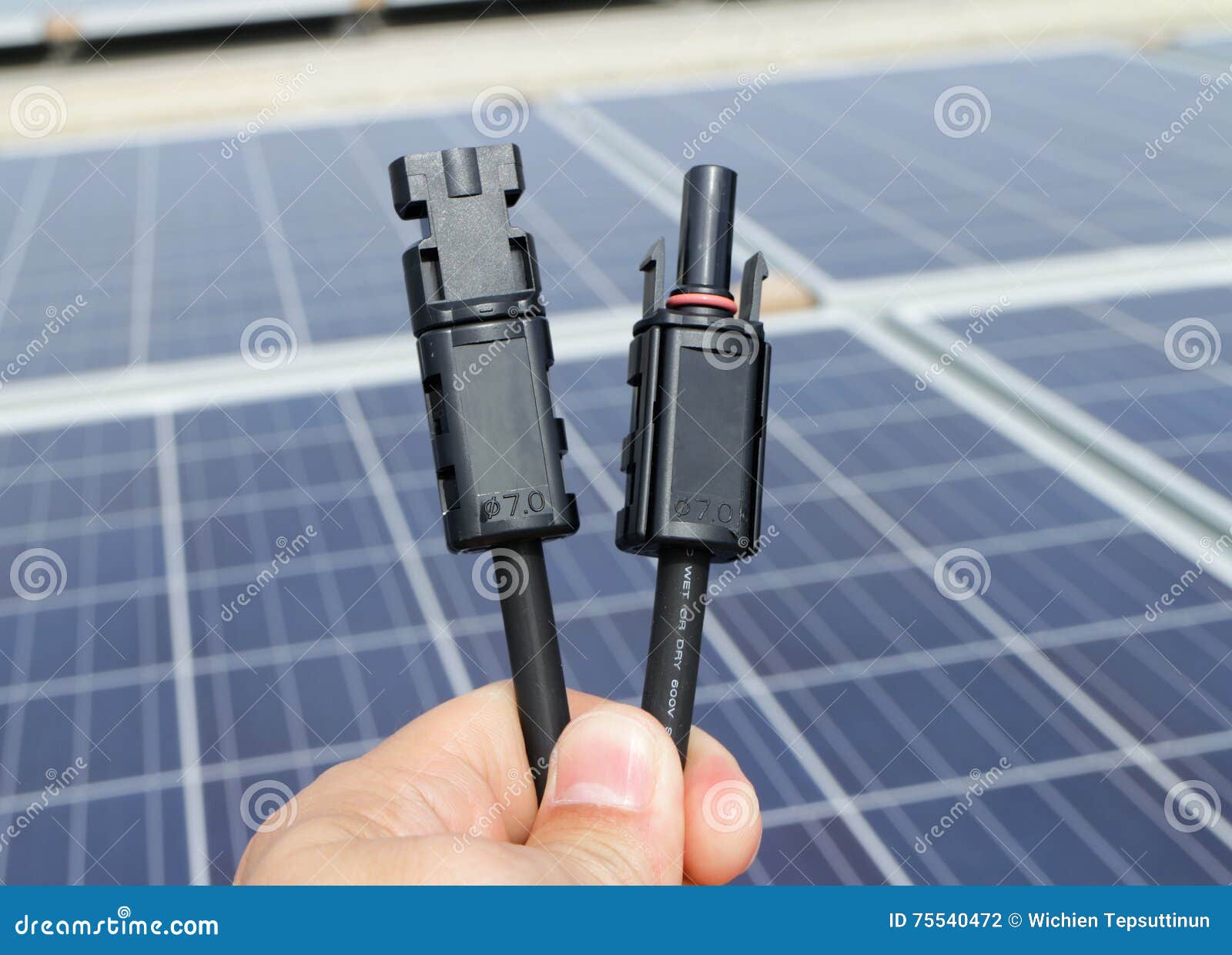 Solar PV Connectors Male And Female Connected Together Laid On Solar ...