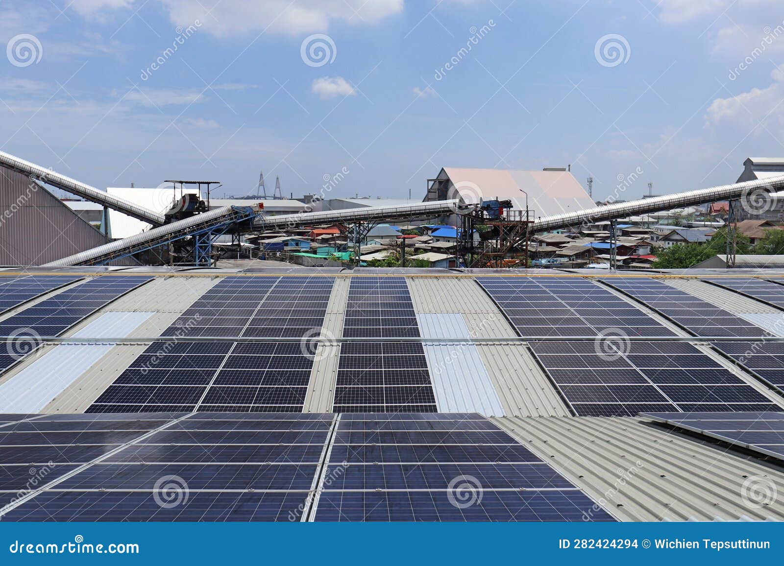 Solar PV System on Warehouse Roof with Conveyer Background Stock Photo ...