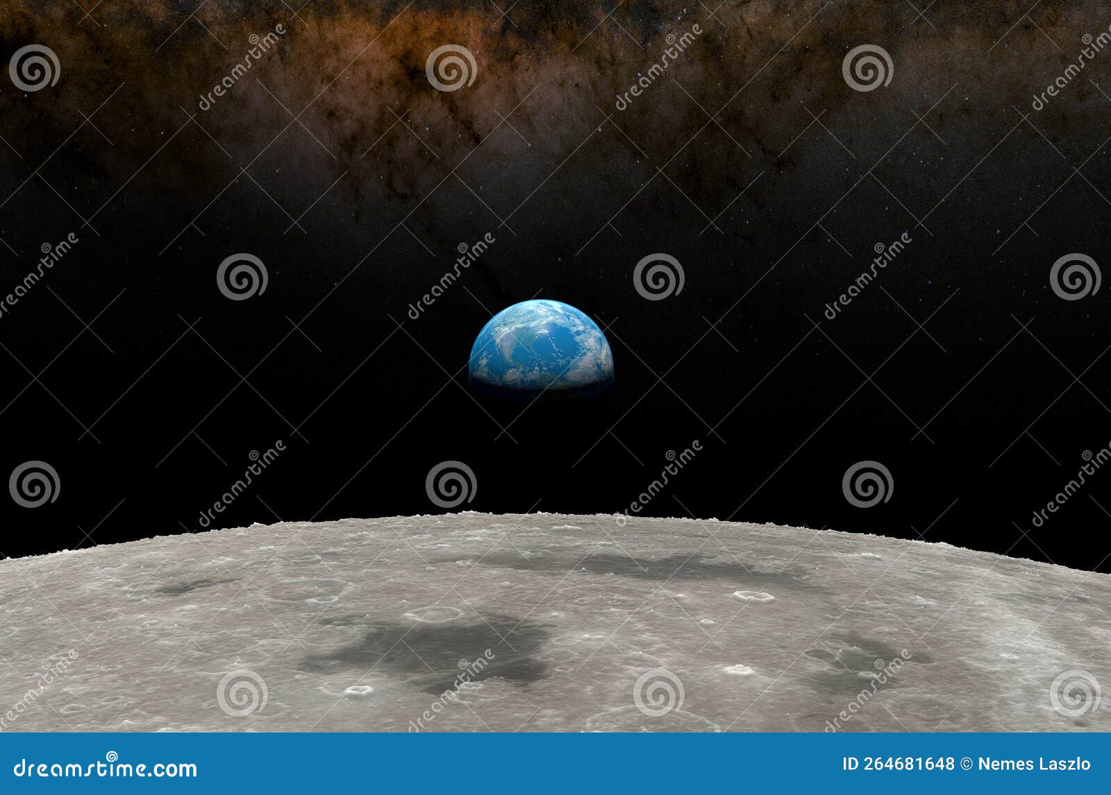 Earth Rising Over Moon`s Horizon - Isometric View 3d Illustration Stock ...