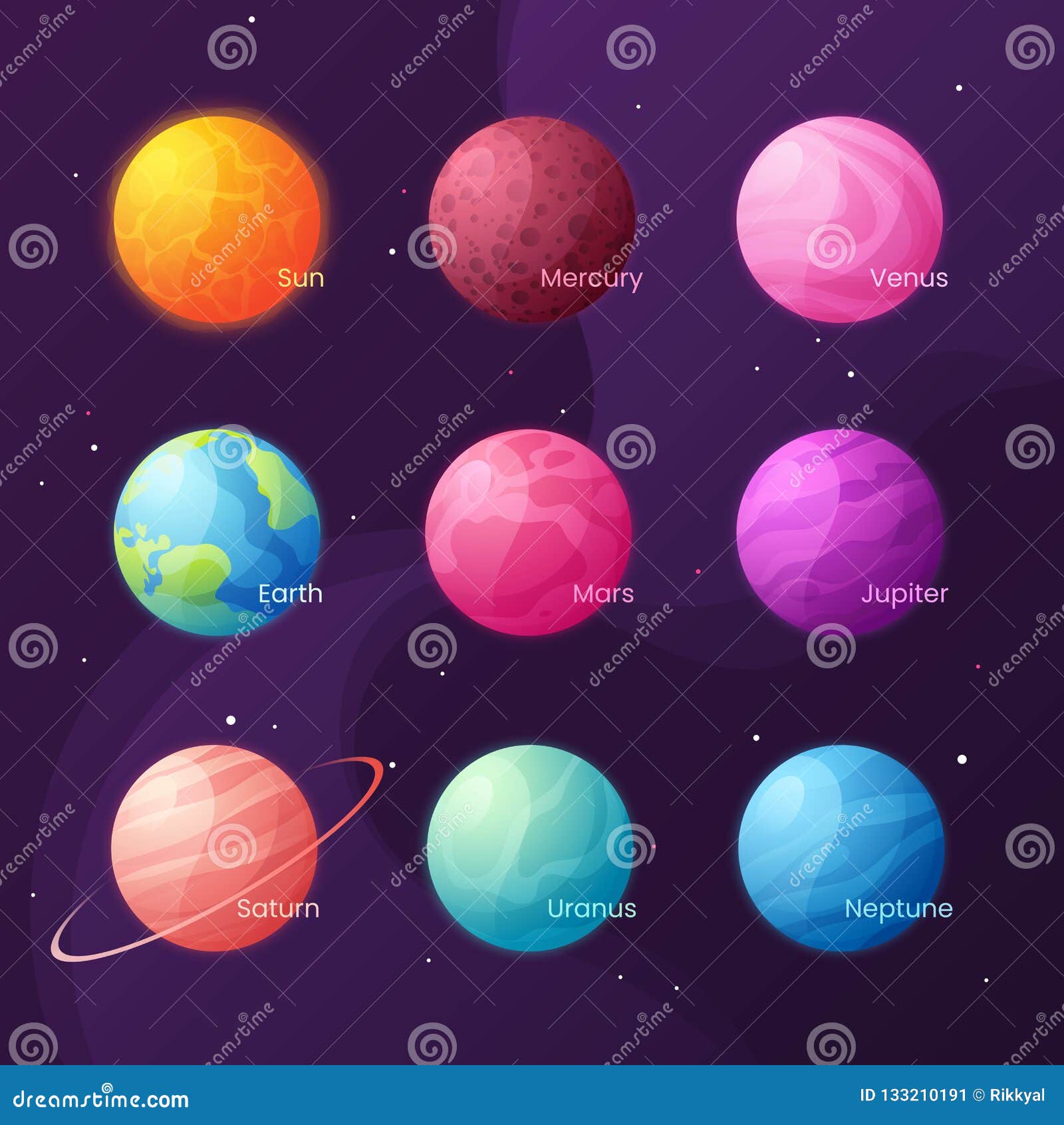 The Solar System. Colorful Cartoon Set with Sun and Planets. Vector ...