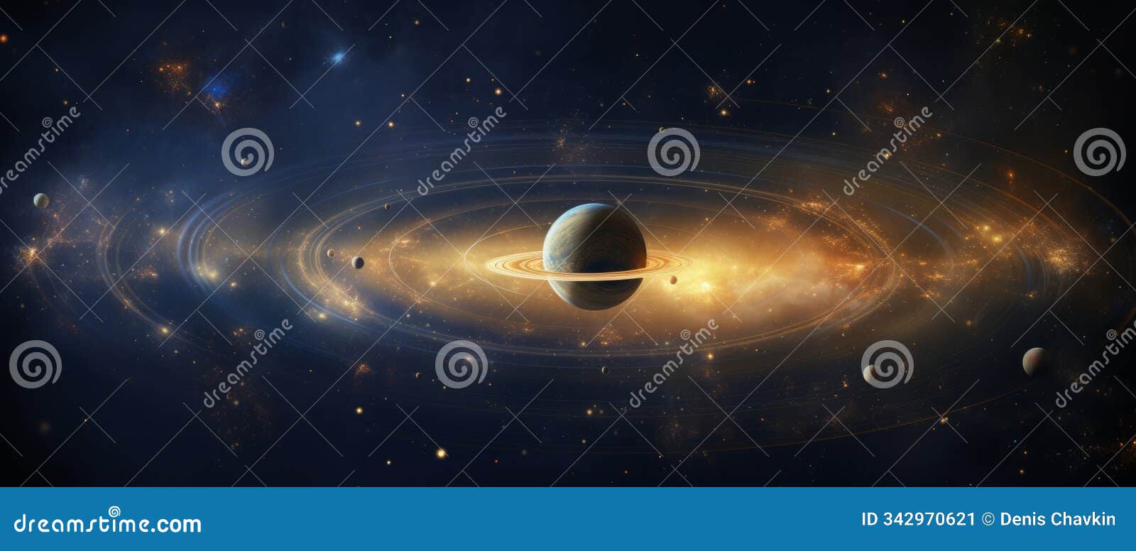 Solar System, Gold and a Little Blue, Surrounded by Particles, Solid ...