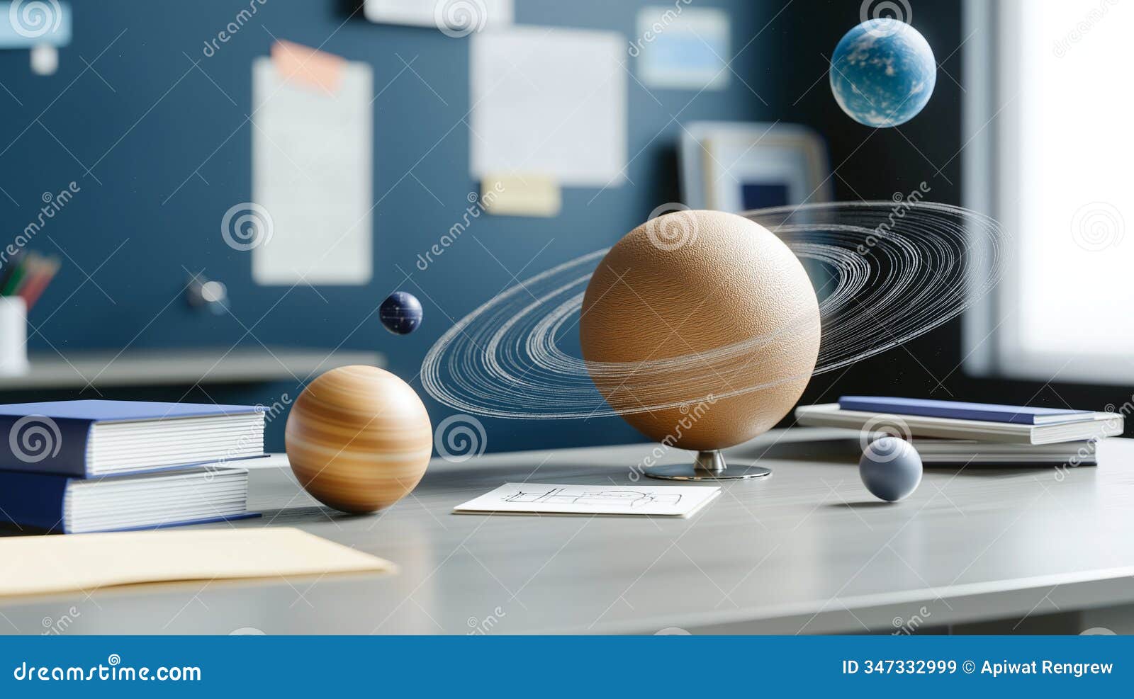 Solar System Model on School Desk Surrounded by Books Showcasing ...