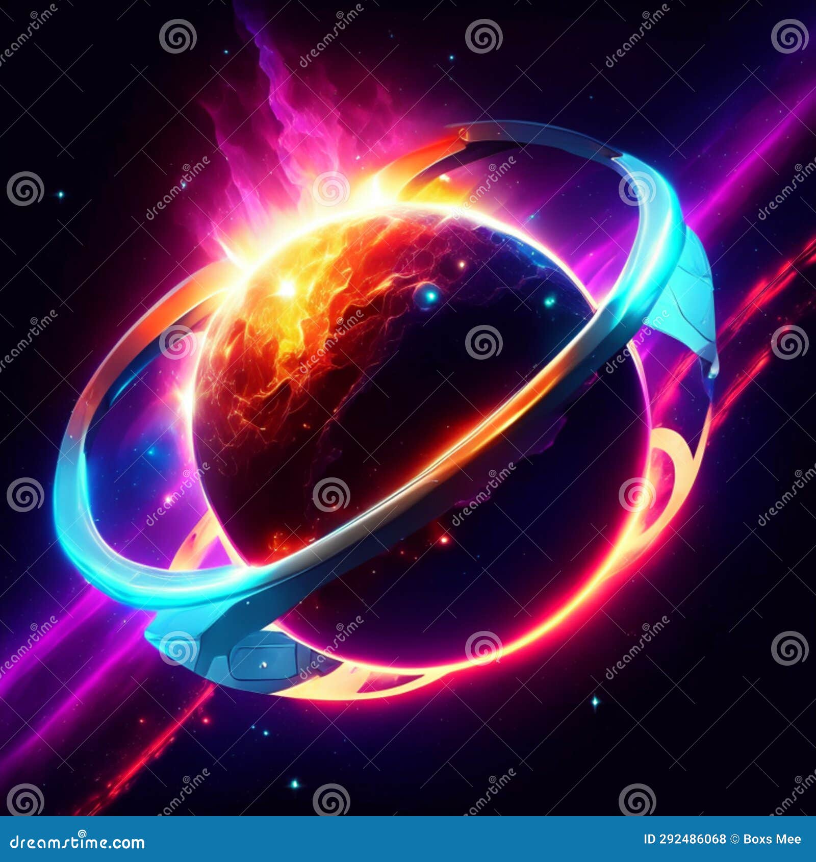 Solar System with Planet and Sun. Vector Illustration in Neon Style ...
