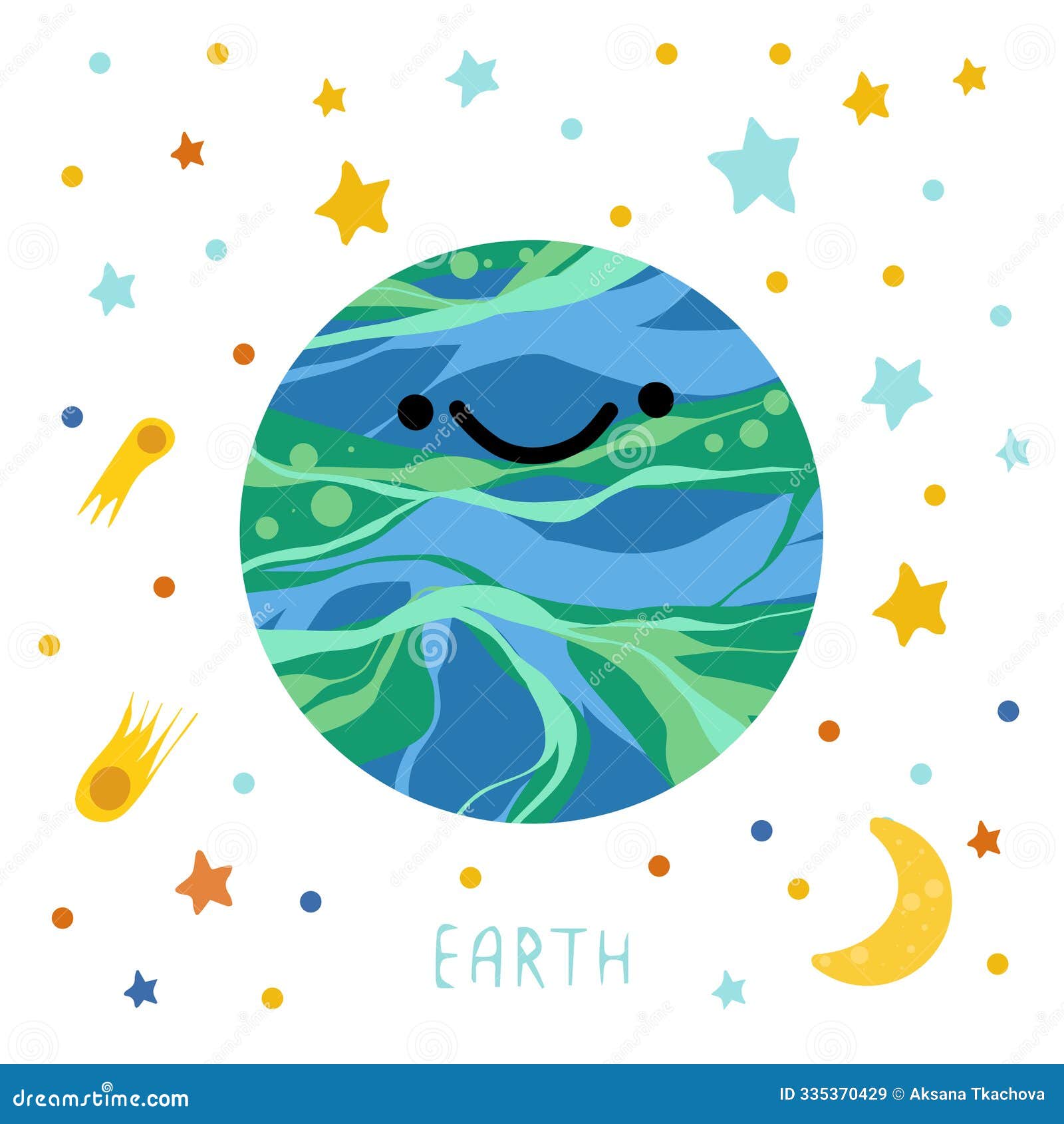 Solar System of Planets for Kids. Earth with Cartoon Face. Vector ...
