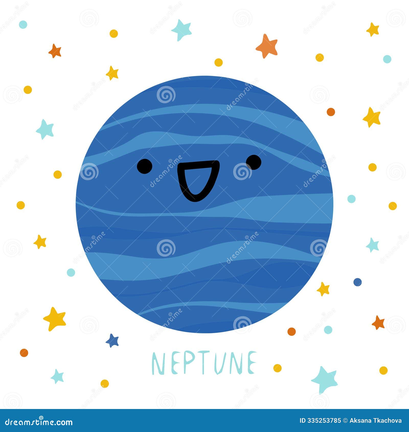 Solar System of Planets for Kids. Neptune with Cartoon Face. Vector ...