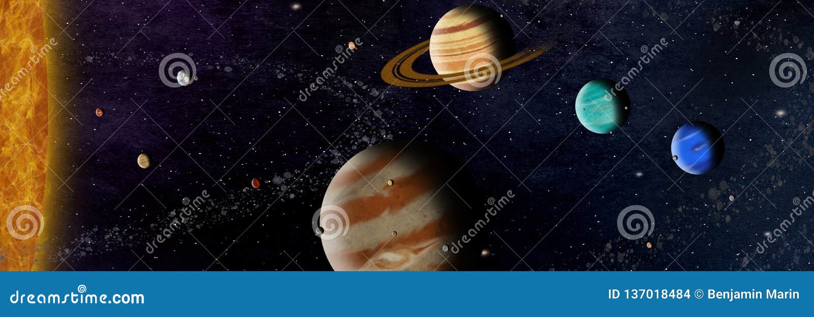 Solar System with Planets, Moons and Asteroids Stock Illustration ...