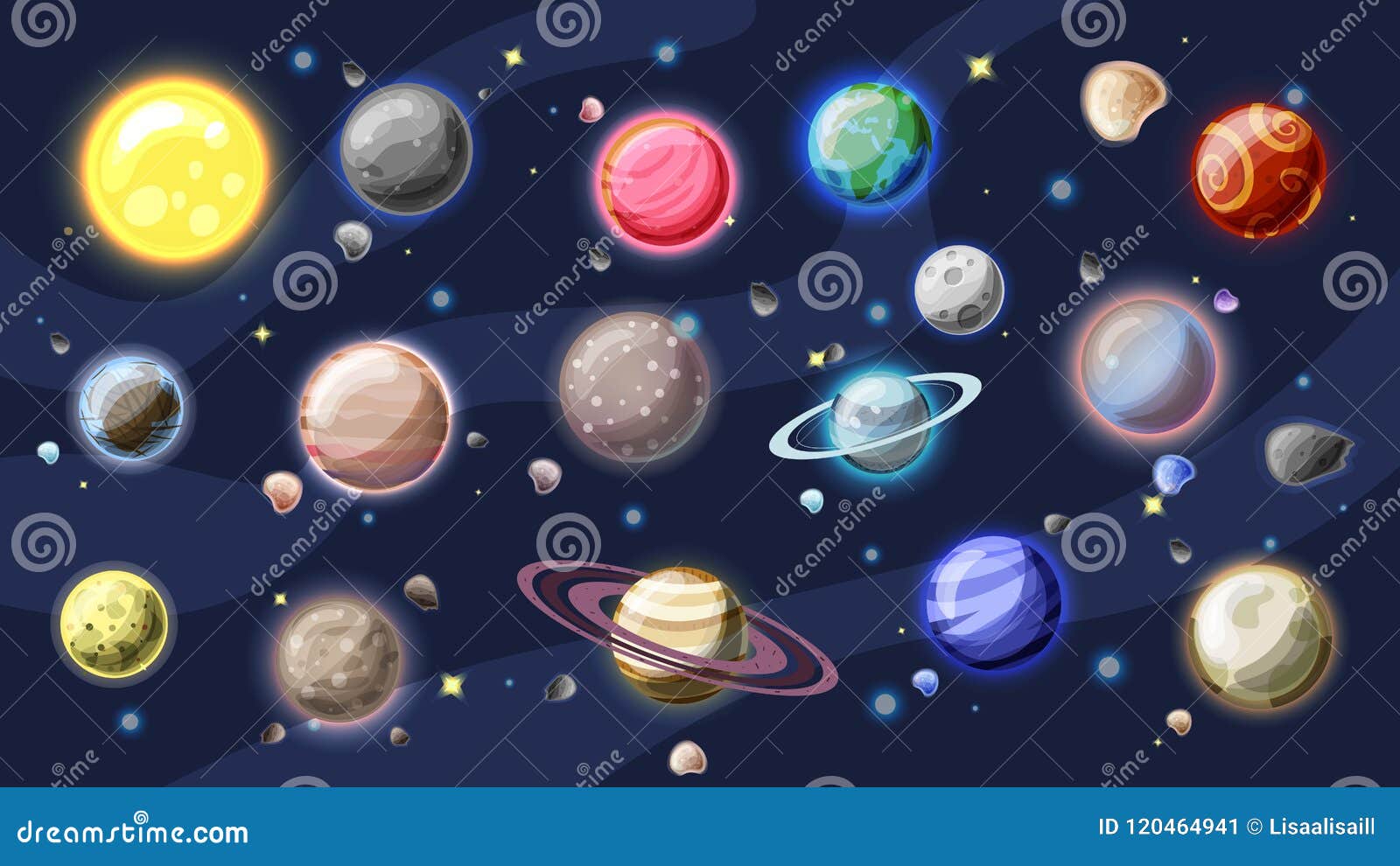 Solar System Vector Cartoon Collection. Planets, Moons Of Earth ...