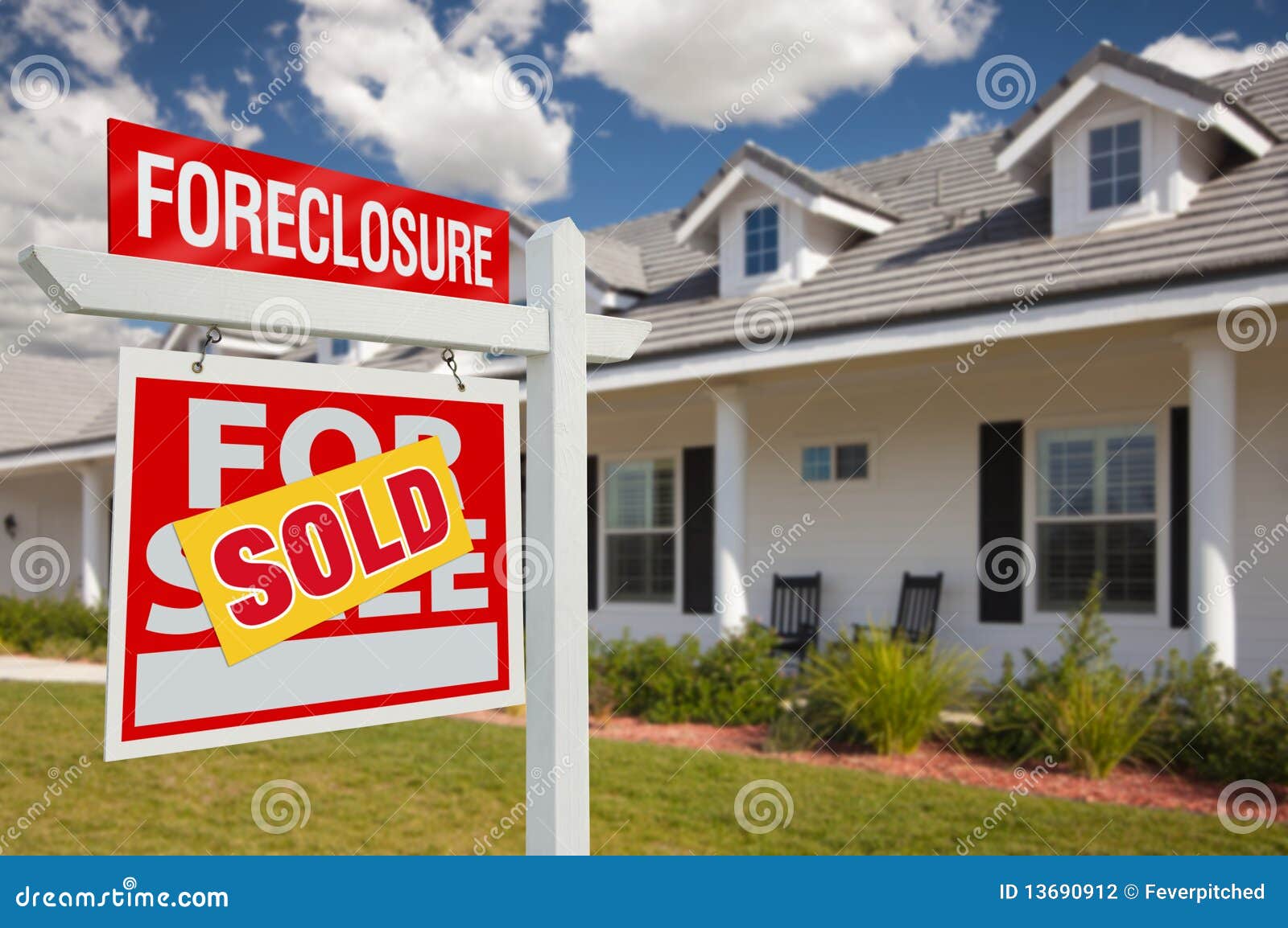 Sold Foreclosure Real Estate Sign and House - Left Stock Photo - Image ...