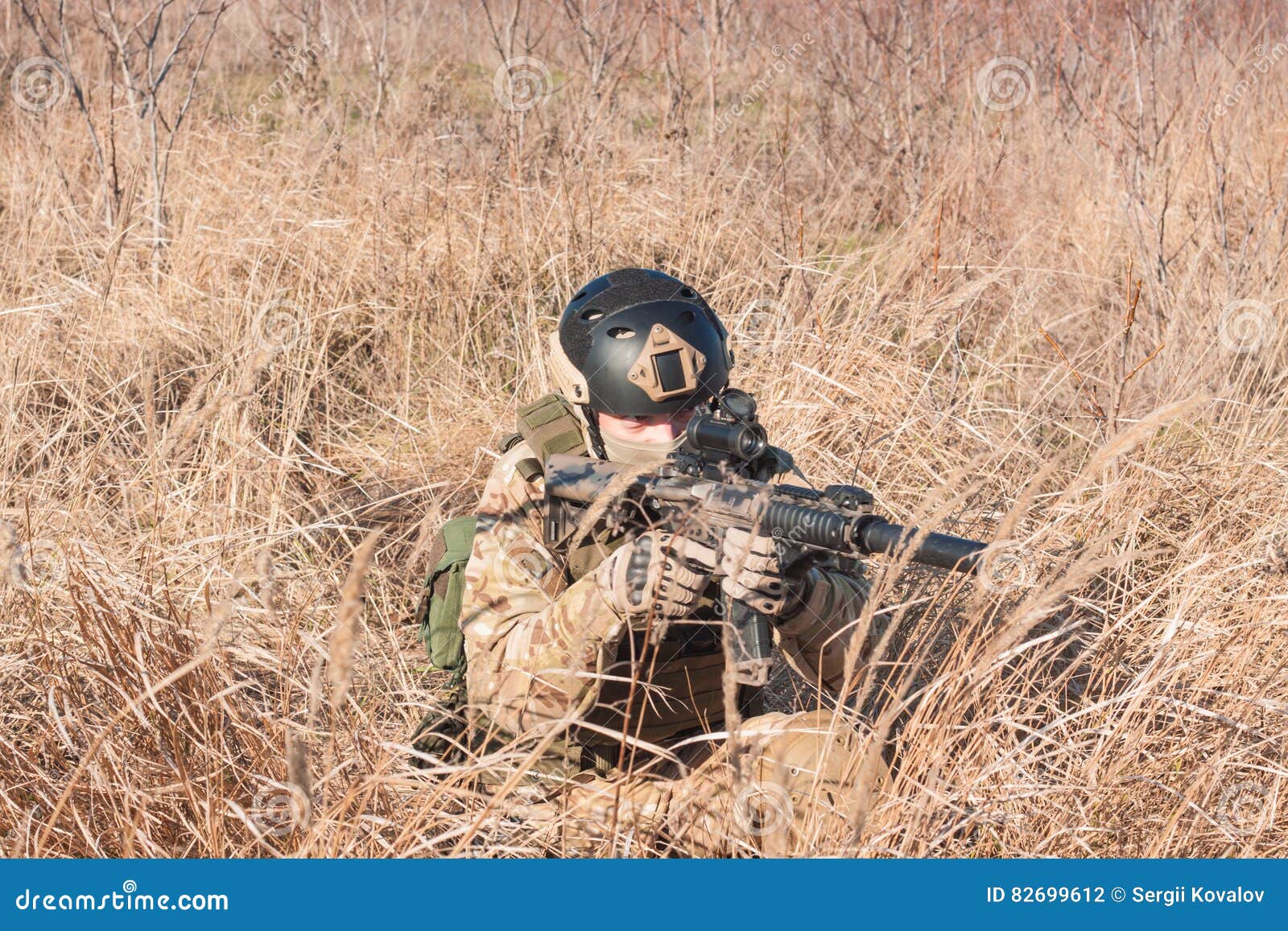 Soldado Con El Arma En Emboscada Del Campo Foto de archivo - Imagen de ...