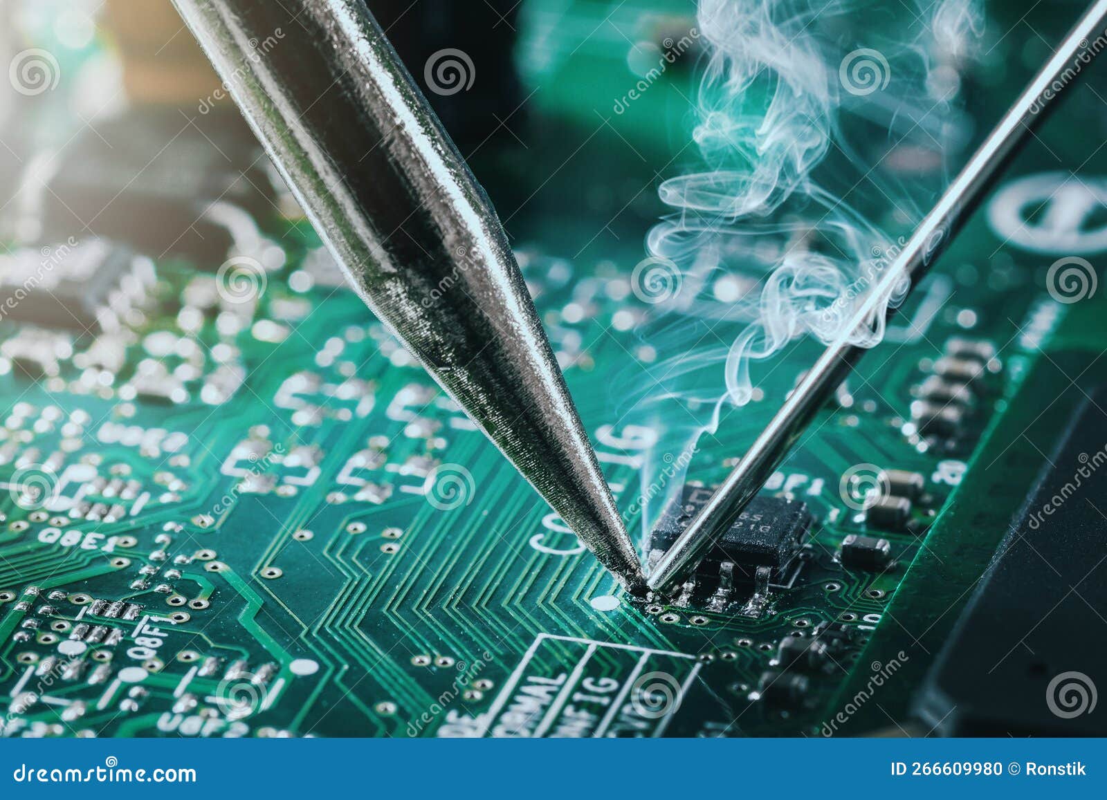 Soldering Iron Solder the Computer Chip on Circuit Board. Closeup Stock ...