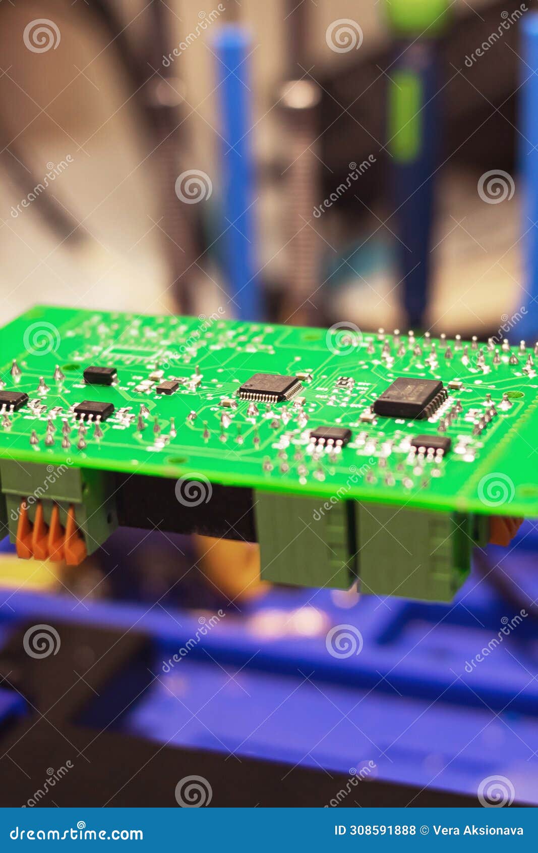Soldering Process on a Green PCB Closeup Stock Photo - Image of science ...