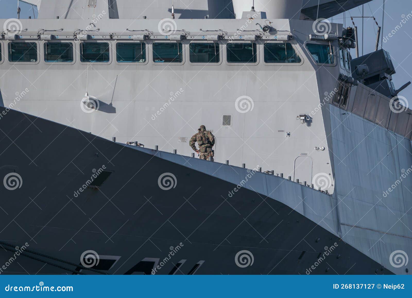 Soldier Aboard an Army Warship. Security of Army Ships Editorial ...