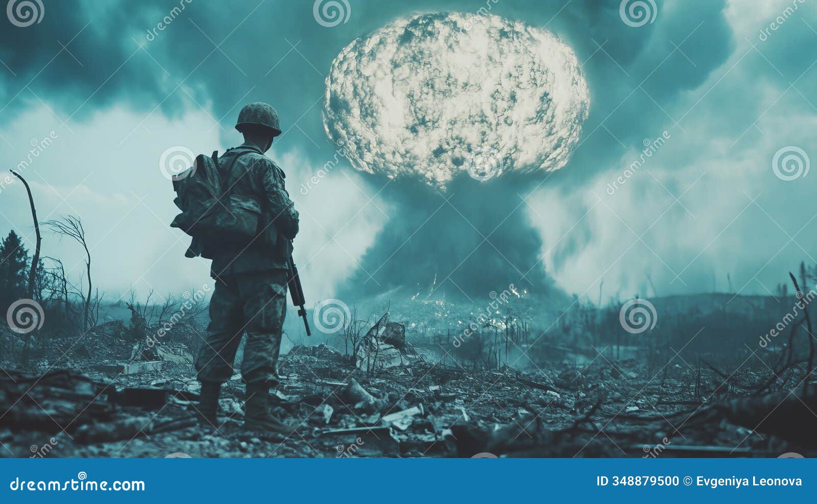 A Soldier Amidst Ruins Observes a Devastating Nuclear Explosion in a ...