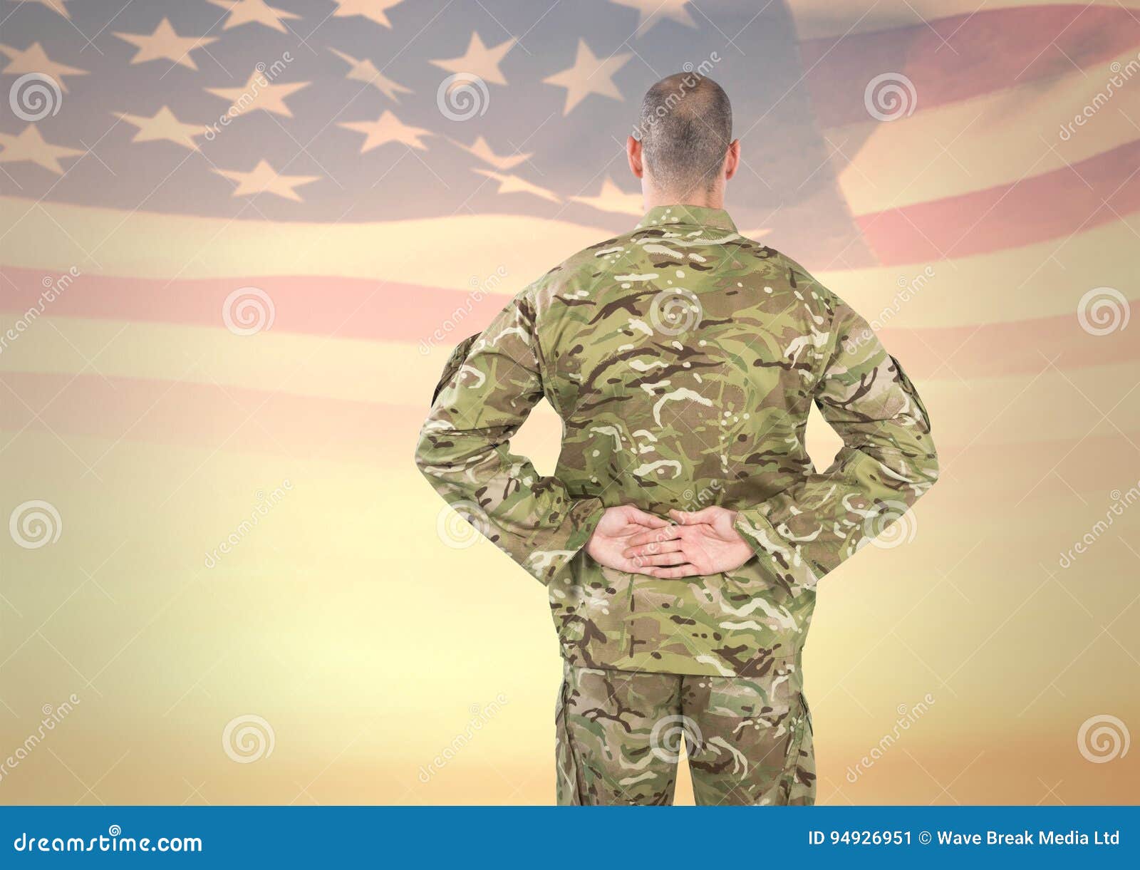 Soldier from Back with Hands on the Back Against American Flag Stock ...