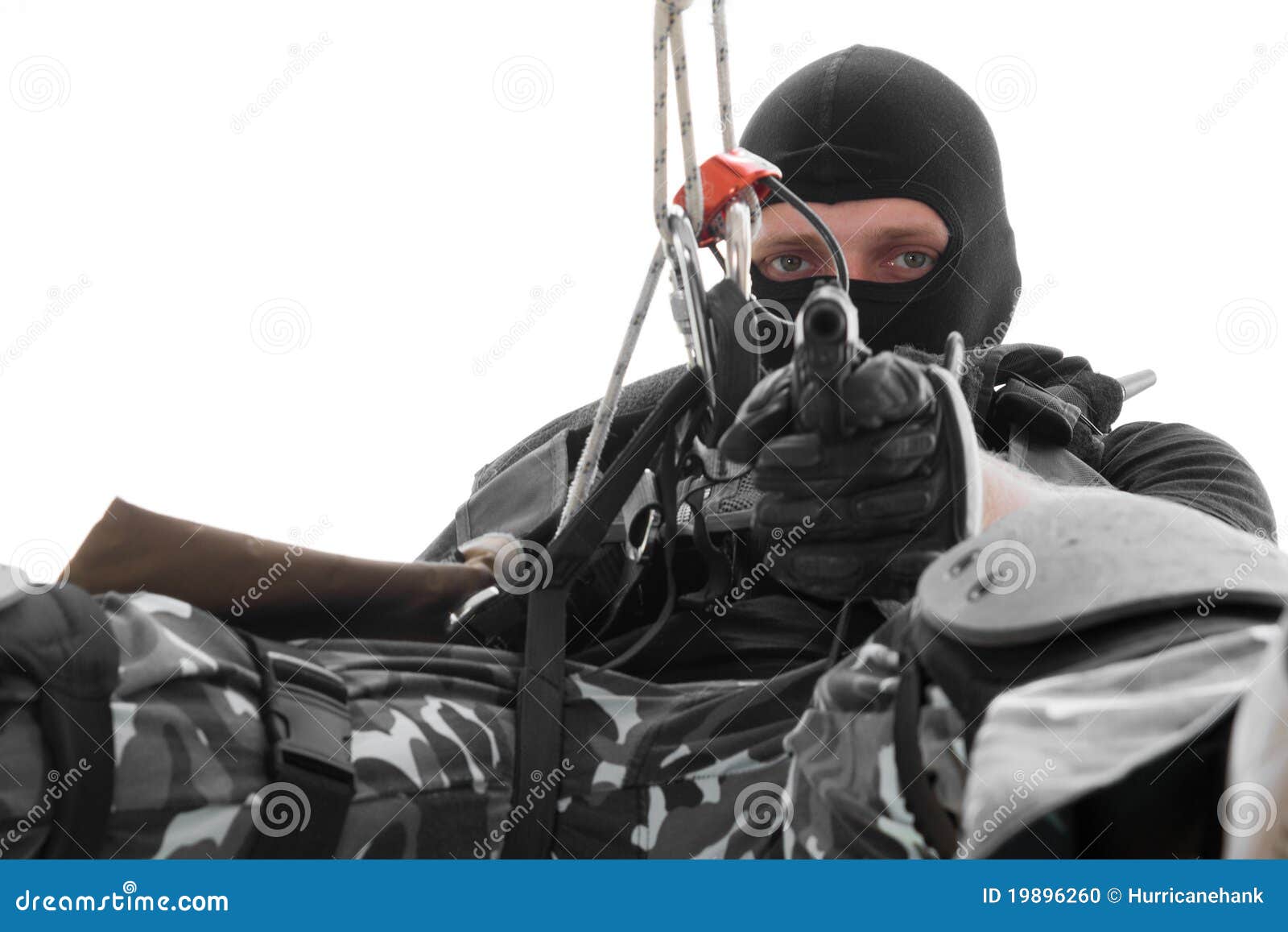 Soldier in Black Mask Hanging on Rope with Pistol Stock Photo - Image ...