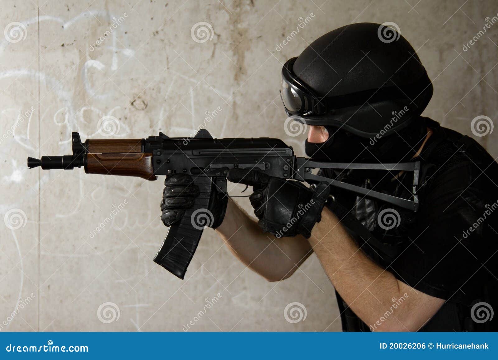 Soldier in Black Mask Targeting with AK-47 Rifle Stock Photo - Image of ...