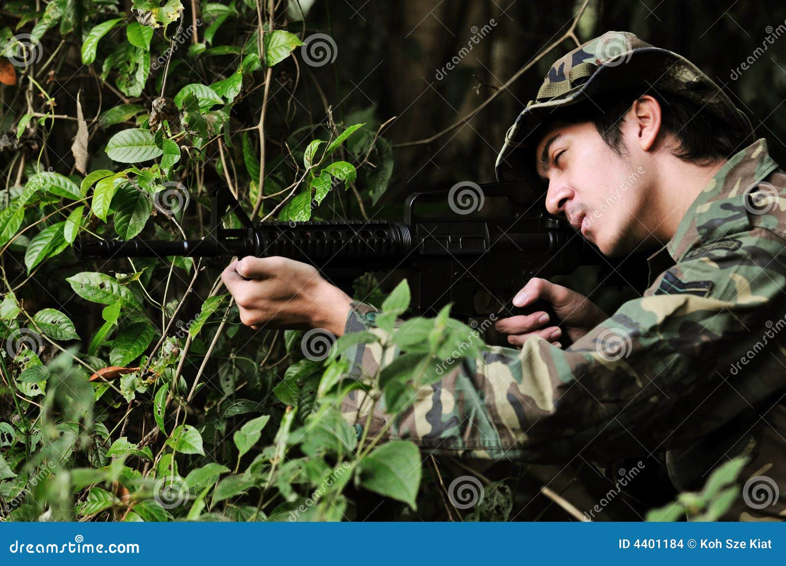 Soldier in Bushes Taking Aim Stock Photo - Image of safe, asian: 4401184