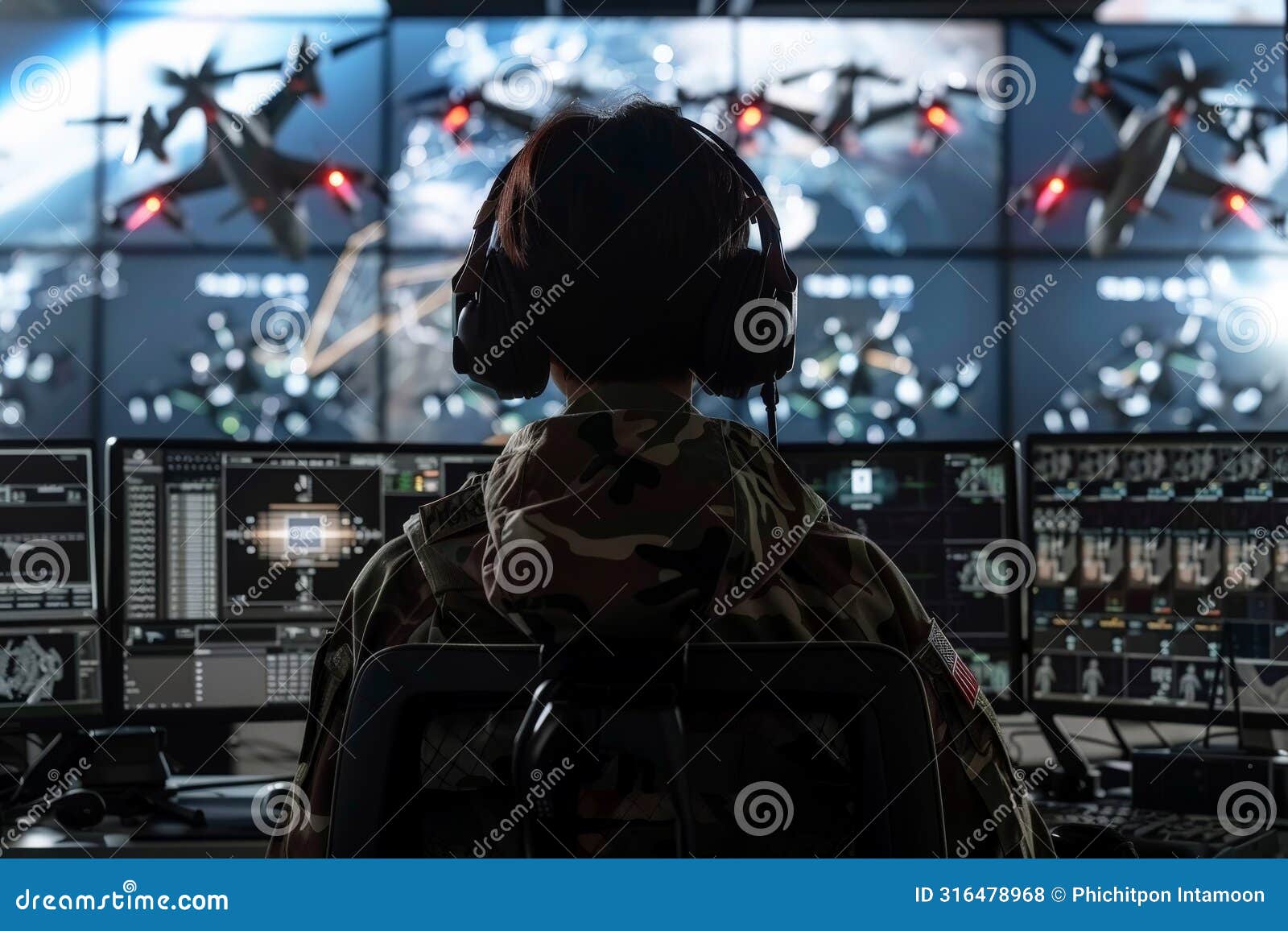 Soldier Command Operating at Control Panel in Monitoring War Room on ...