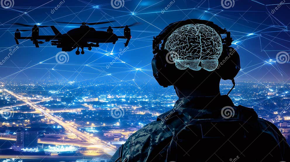 Soldier Controlling Drone with Brain Implant Over Illuminated City ...