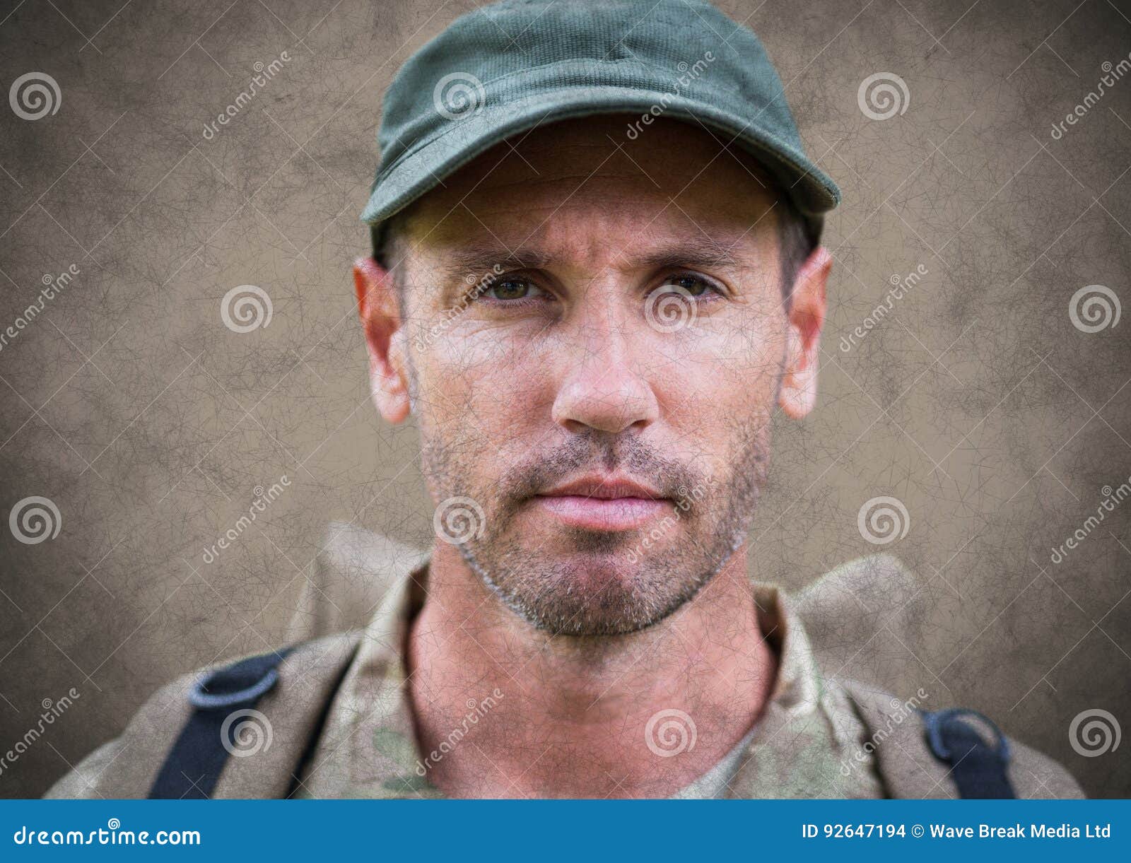 Soldier Face with Grunge Overlay Against Brown Background Stock Photo ...