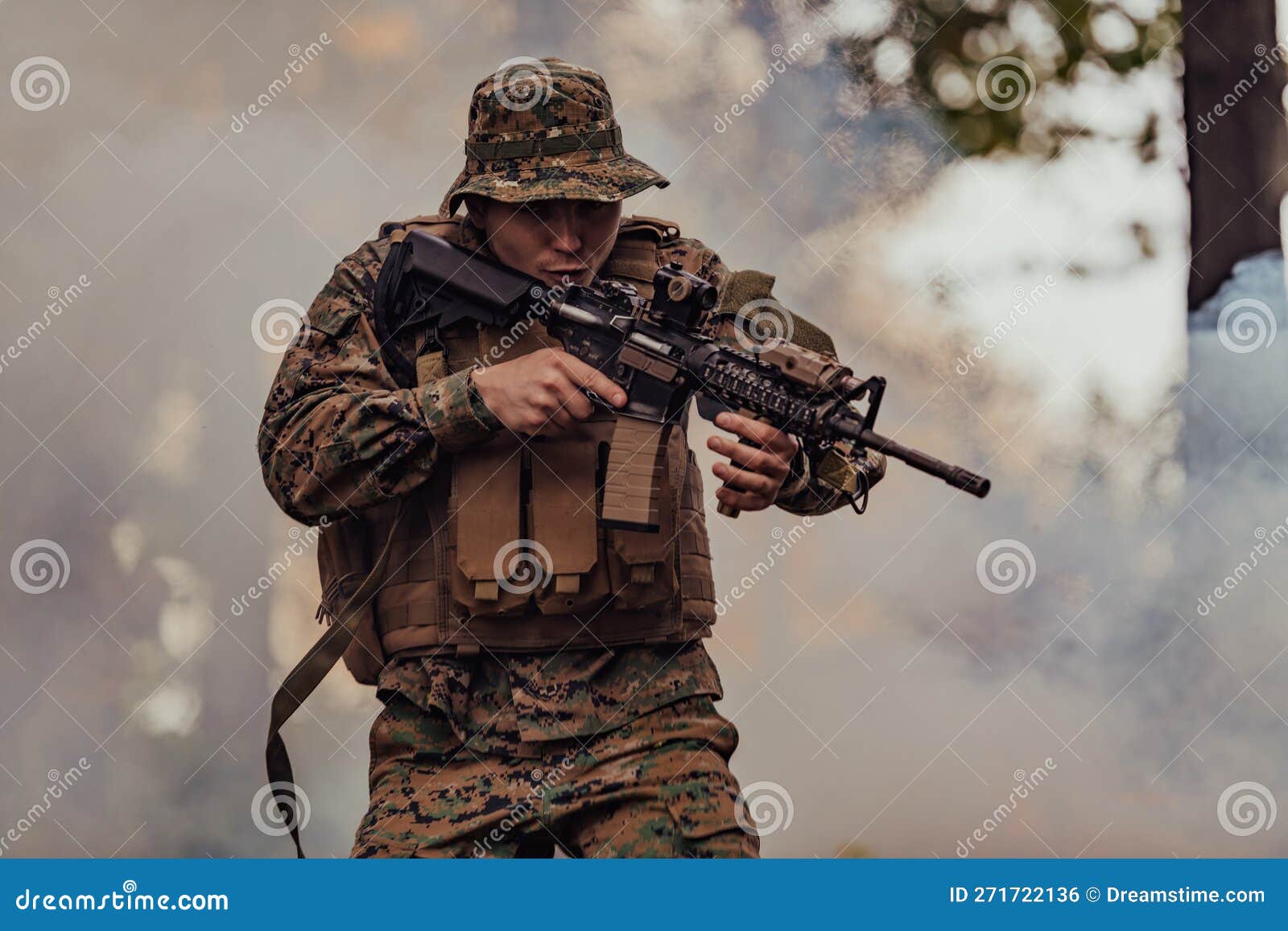 A Soldier Fights in a Warforest Area Surrounded by Fire Stock Photo ...