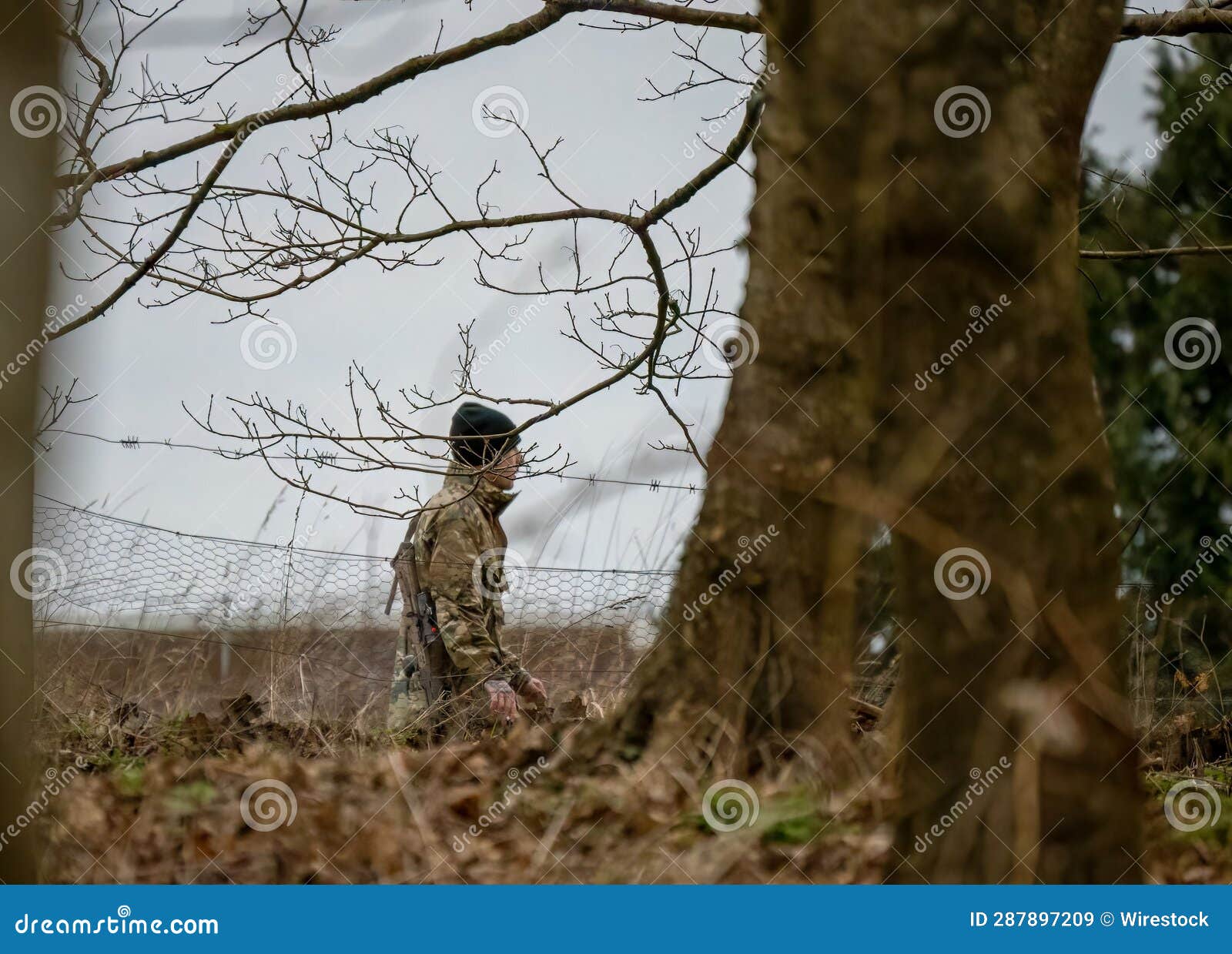 Soldier in a Forest Environment, Walking in the Foreground with Tall ...