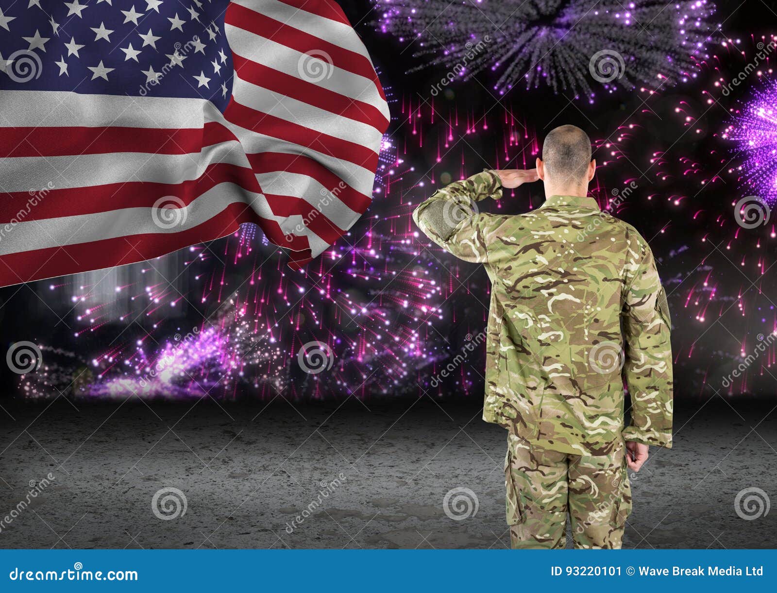 Soldier in Front of Fireworks with Usa Flag Stock Image - Image of blue ...