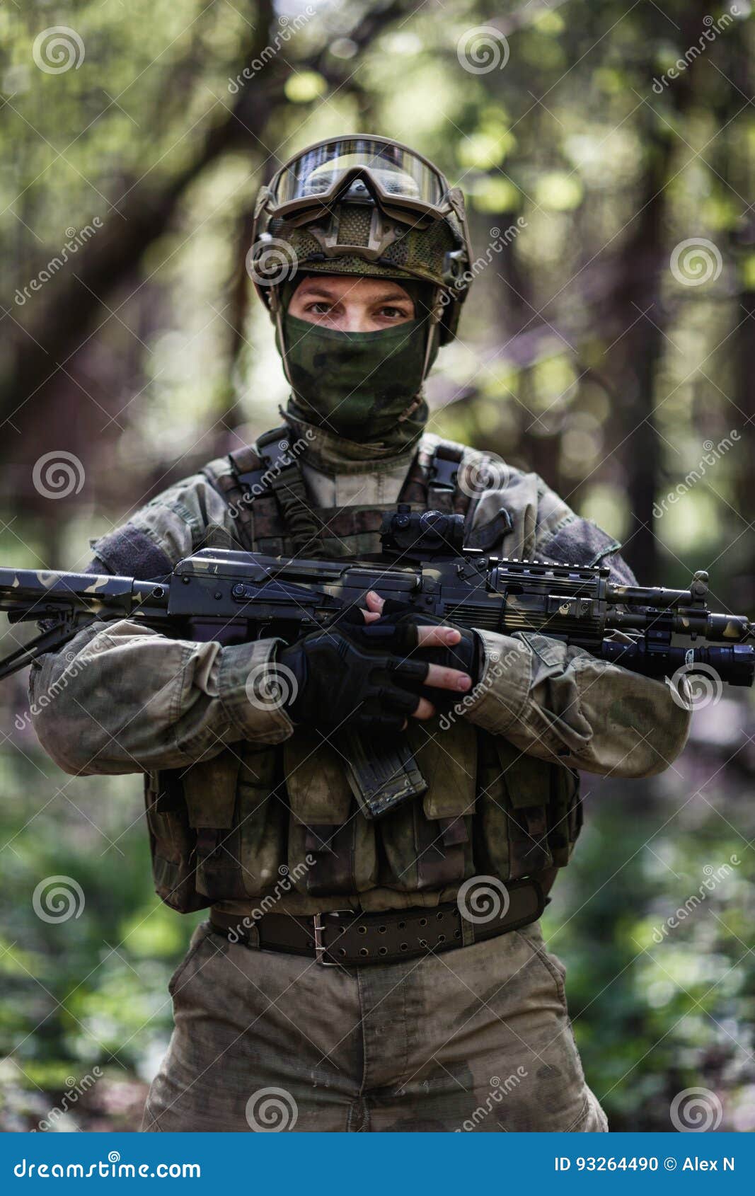 Soldier with Gun Patrols Forest Stock Photo - Image of machine, officer ...