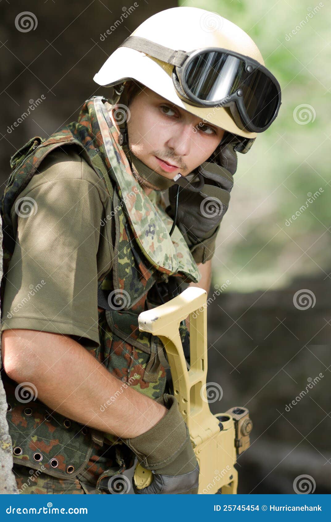 Soldier in Helmet Talking Via Headset Stock Photo - Image of helmet ...
