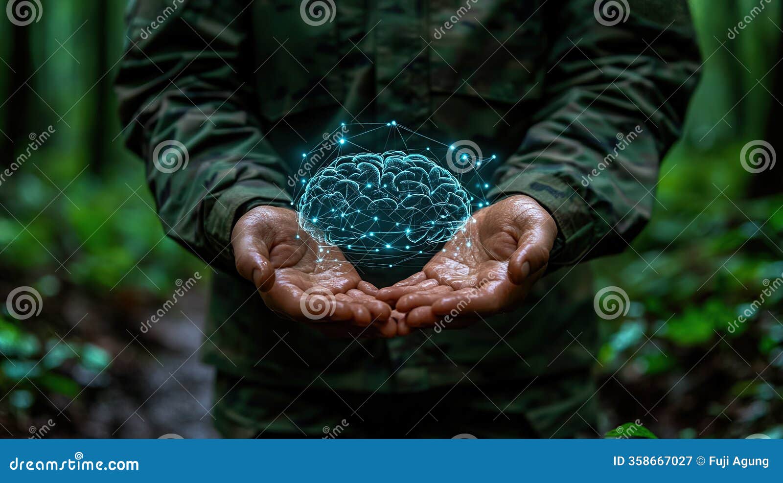 Soldier Holds Digital Brain, Forest Background, Military Tech Concept ...