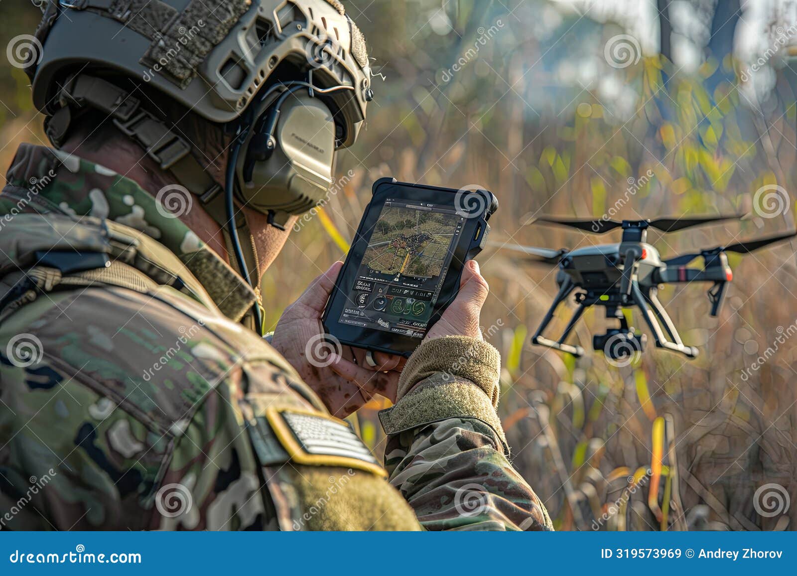 A Soldier Inside a Helicopter, Using a Tablet To Control the Flight or ...