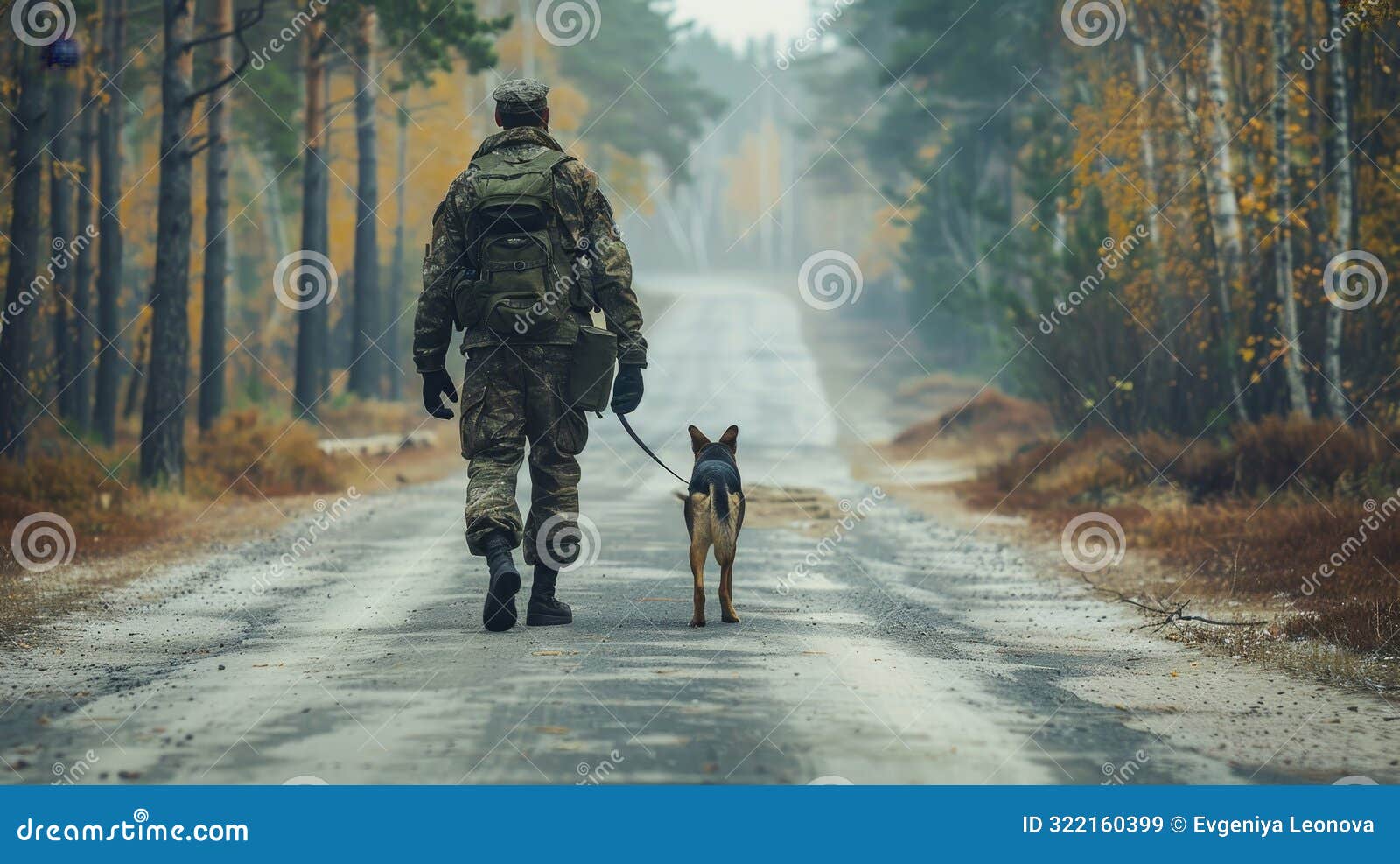 Soldier And K9 Unit Patrolling Forest Road For Security Measures In A ...